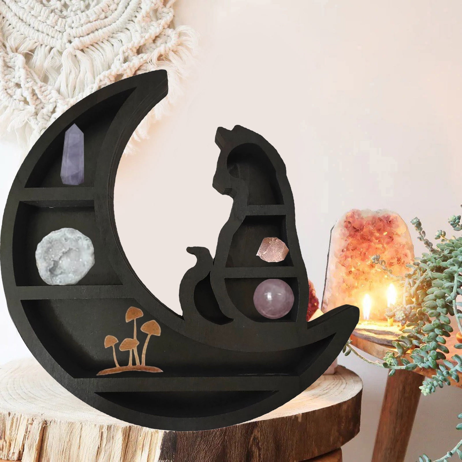 Wooden Moon Phase Display Shelf Wall Mounted Floating Organizer for ...