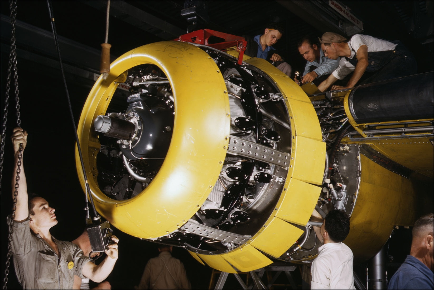 24"x36" Gallery Poster, Mounting Wright R-2600 engine on B-25 Mitchell ...