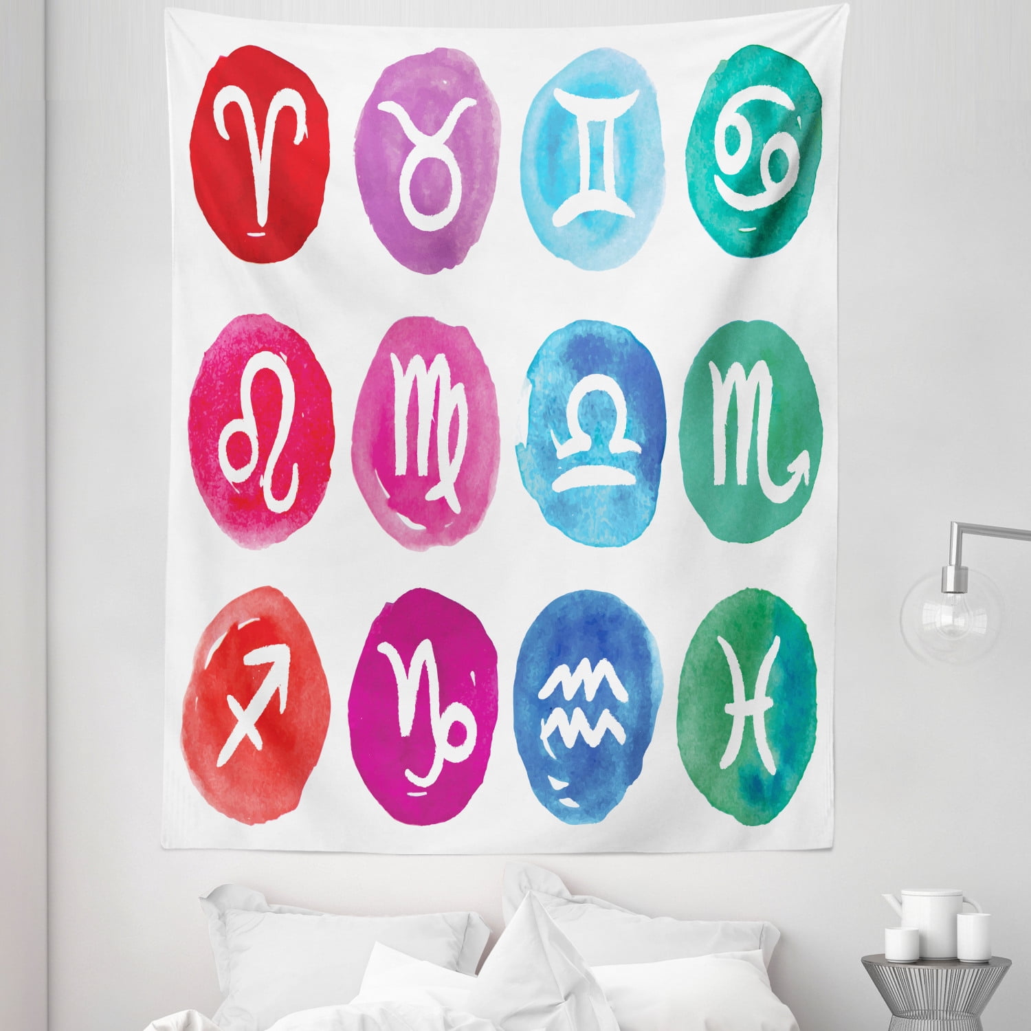 Zodiac Tapestry, Watercolor Effect Rounds with Horoscope Astrological ...