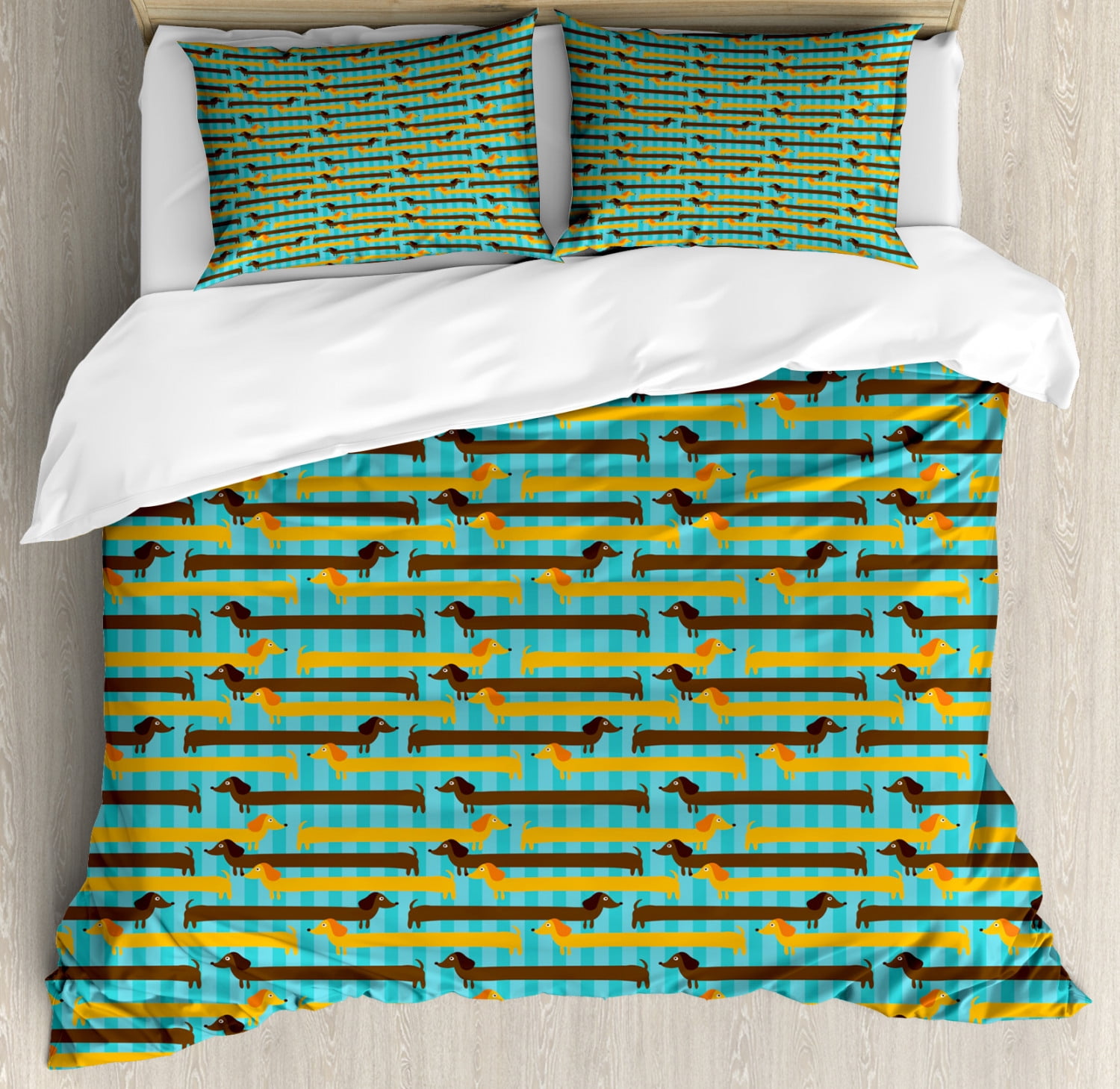 Dogs Duvet Cover Set Queen Size, Vertically Striped Blue Background ...