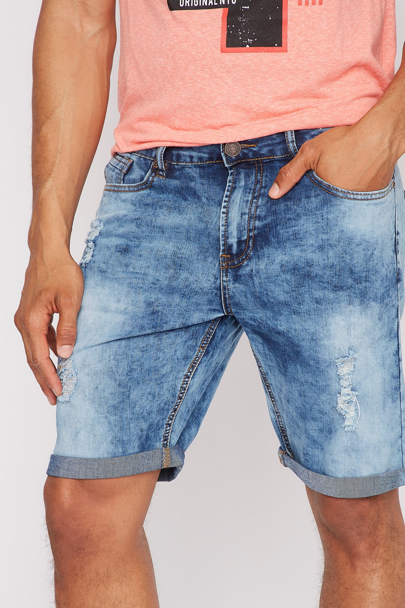 Urban Planet Men's Medium Wash Distressed Roll Up Slim Stretch Denim ...