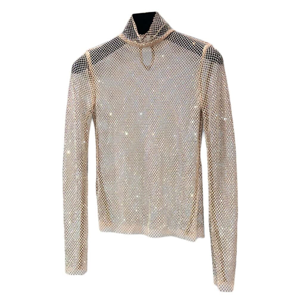 YM YOUMU Women Rhinestone Sheer Mesh Tops See Through Shirt Long Sleeve ...