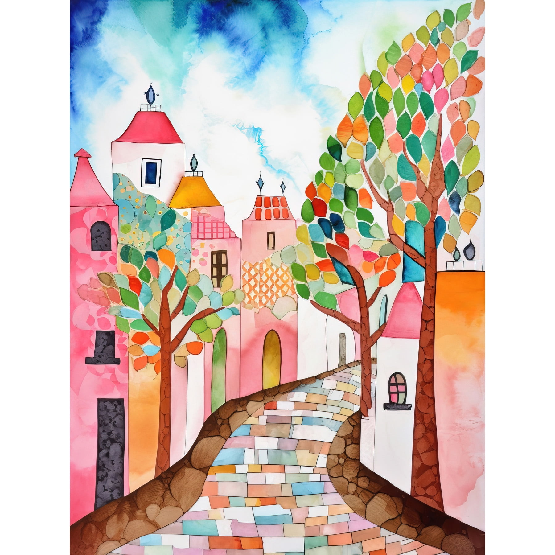 Cobblestone Street In Spring Folk Art Unframed Wall Art Print Poster ...