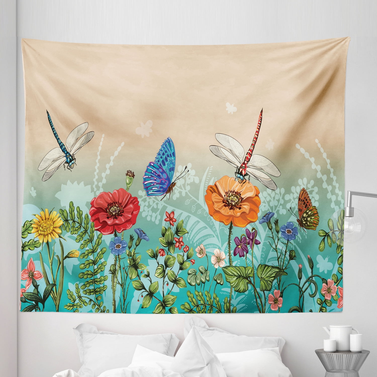Spring Tapestry, Flourishing Nature Illustration with Butterflies and ...