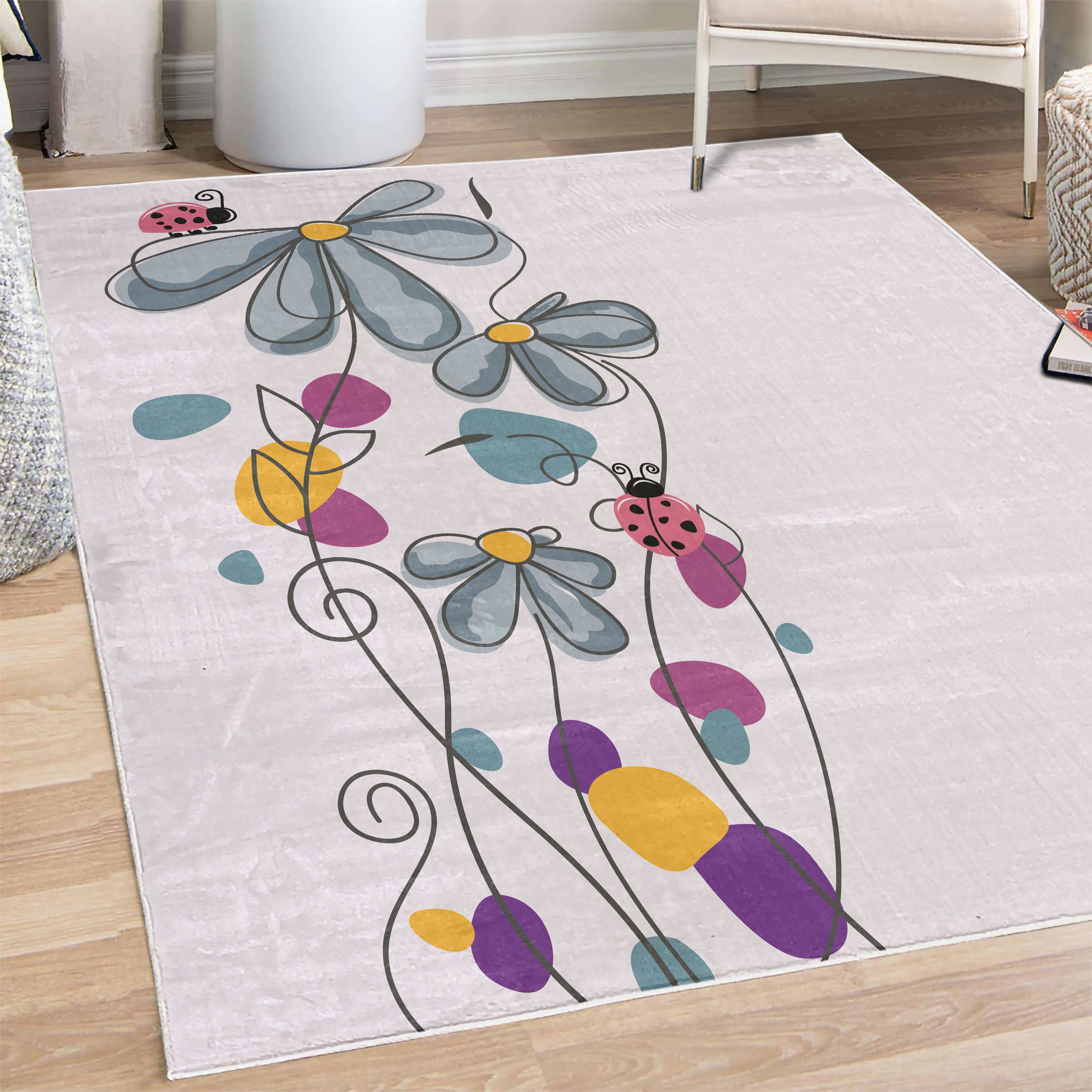 Spring Decorative Rug, Flowers Oval Dome-Shaped Ladybugs Illustration ...