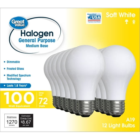 Great Value Halogen Light Bulbs, 100 Watt, Soft White, A19 General ...