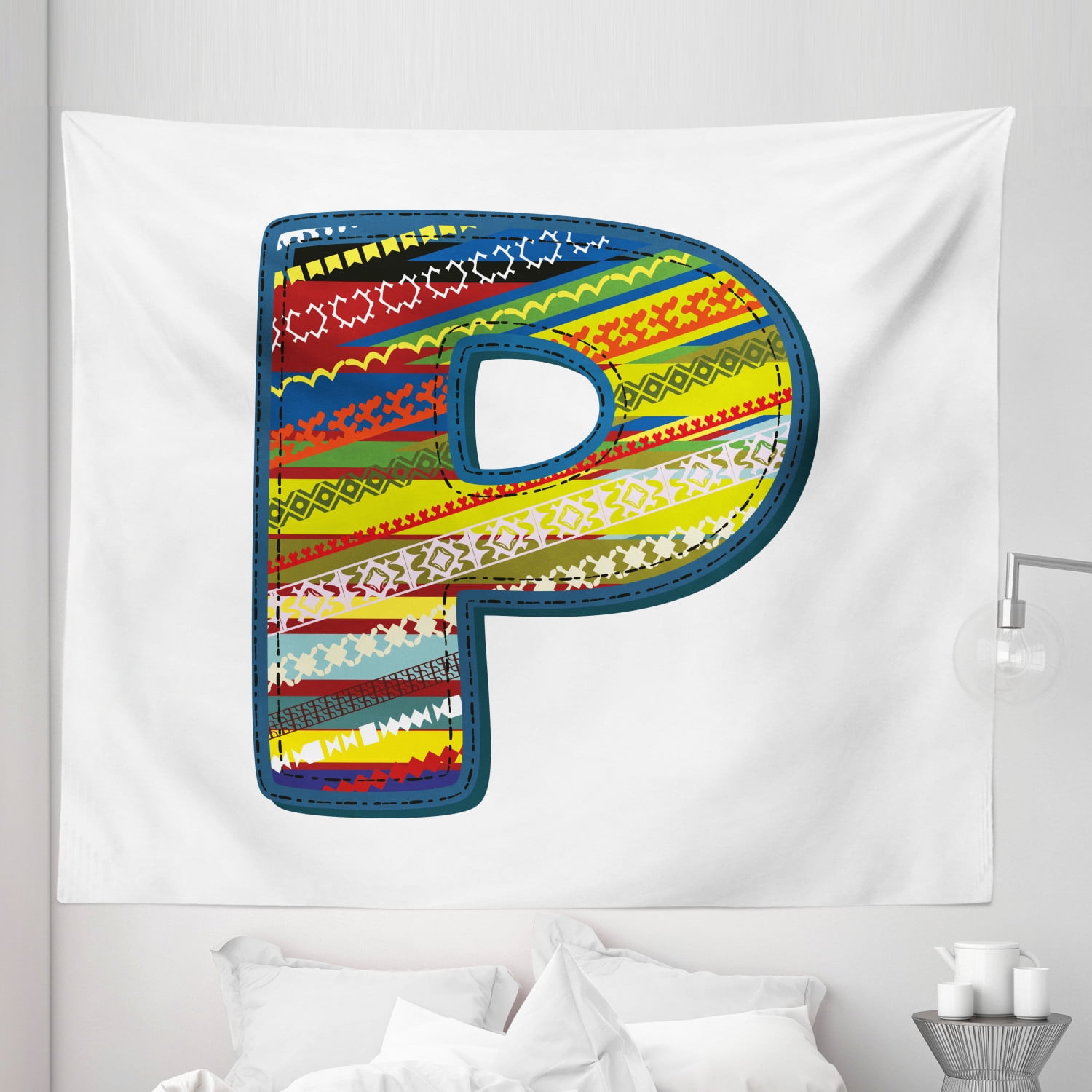 Letter P Tapestry, P Letter Alphabet Boho Style Calligraphy Vibrant ...