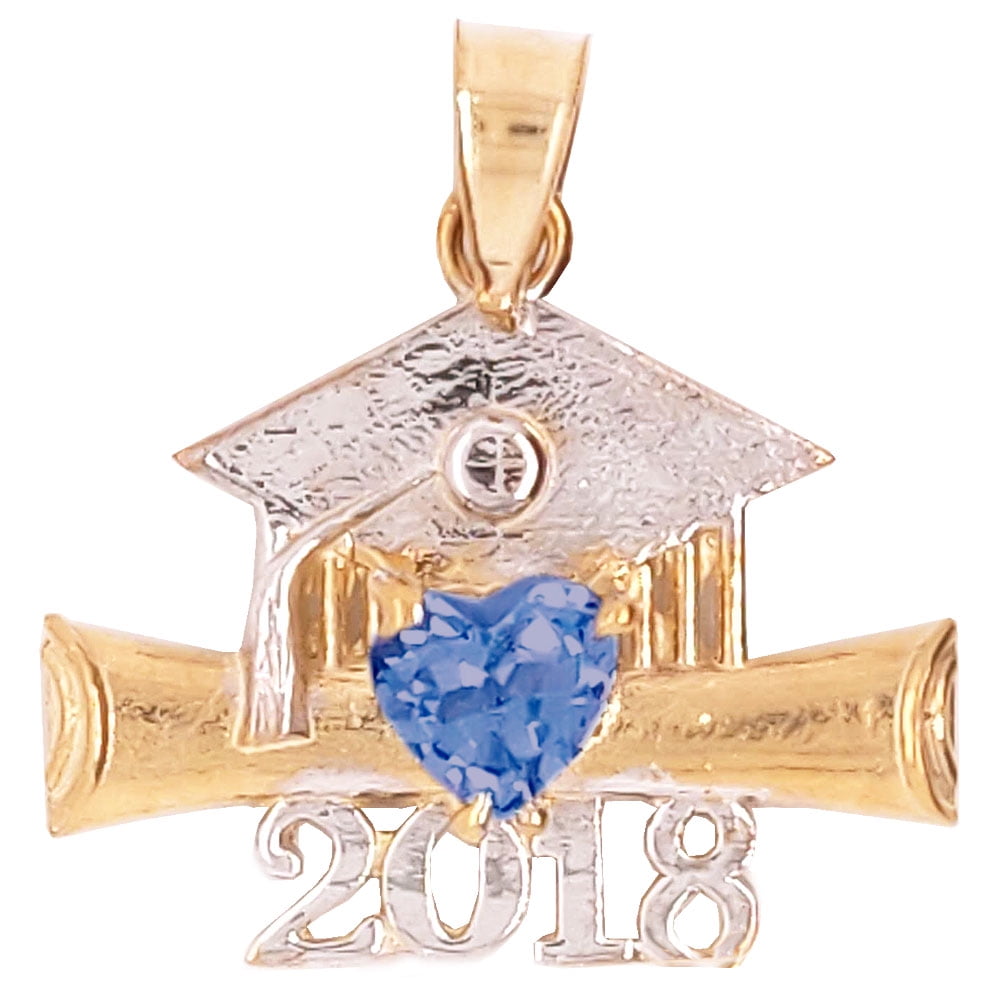 14k Yellow Gold, 2018 Graduation Pendant Charm Created Dark Blue CZ NO ...