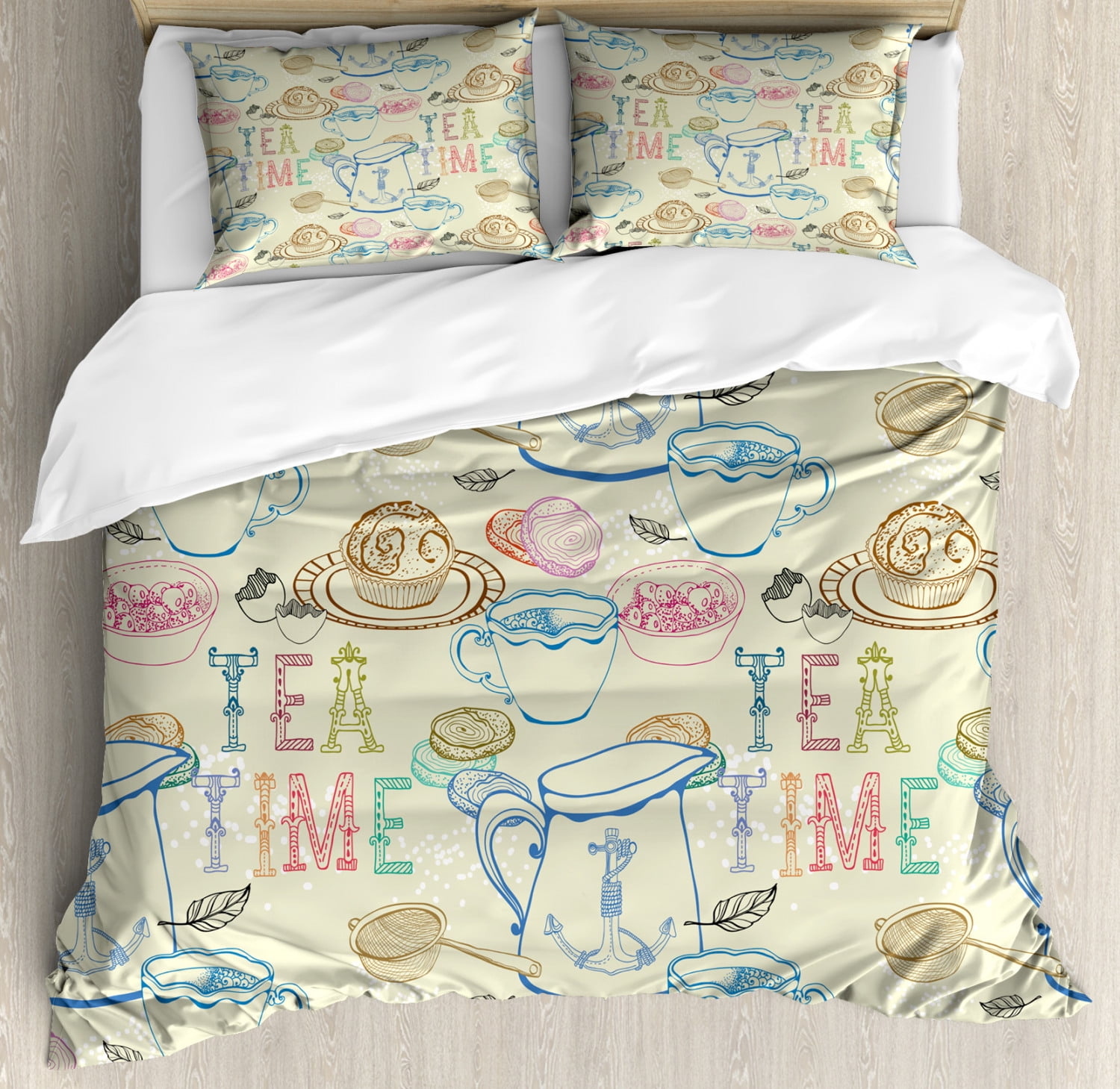Tea Party Duvet Cover Set Queen Size, Pale Colored Tea Time Themed ...