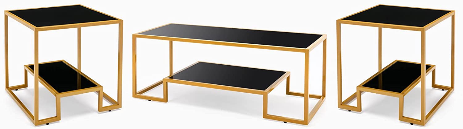 COSVALVE 3 Pcs Coffee Table Set Modern Black Tempered Glass Brass Metal ...