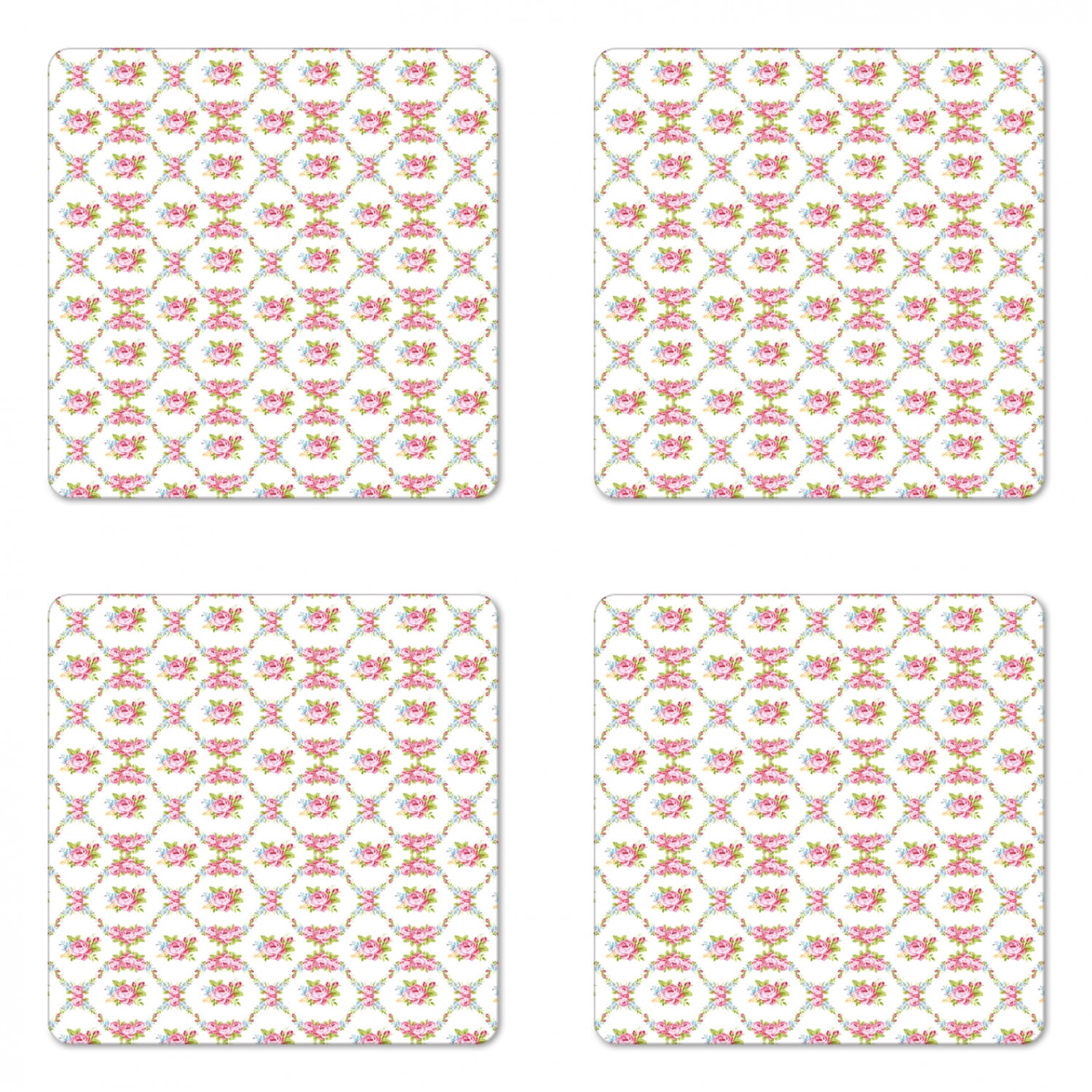 Shabby Flora Coaster Set of 4, Curvy Borders with Rose Blossoms Retro ...