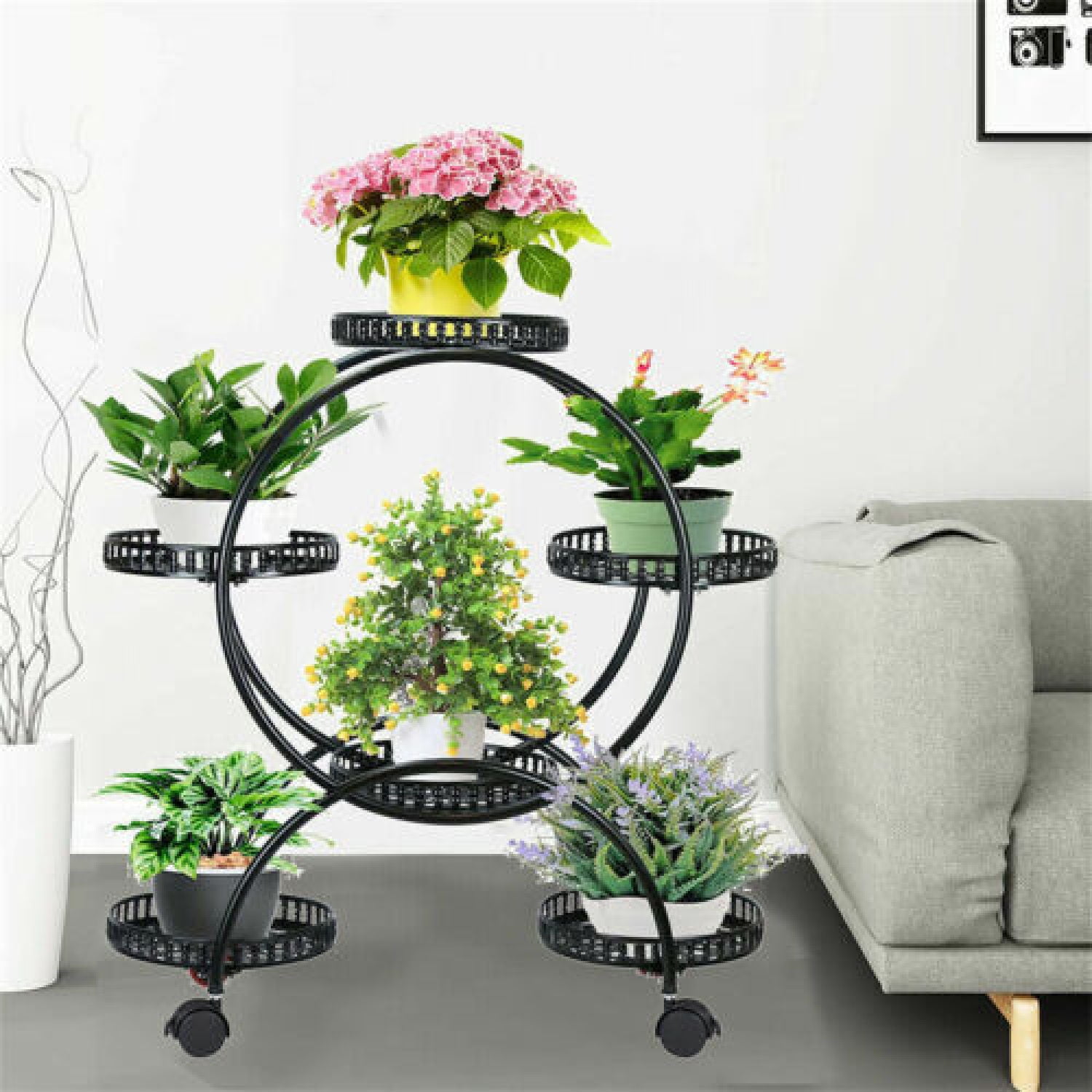 Outdoor Metal Plant Stand 4 Wheels Garden Cart Flower Display Rack ...