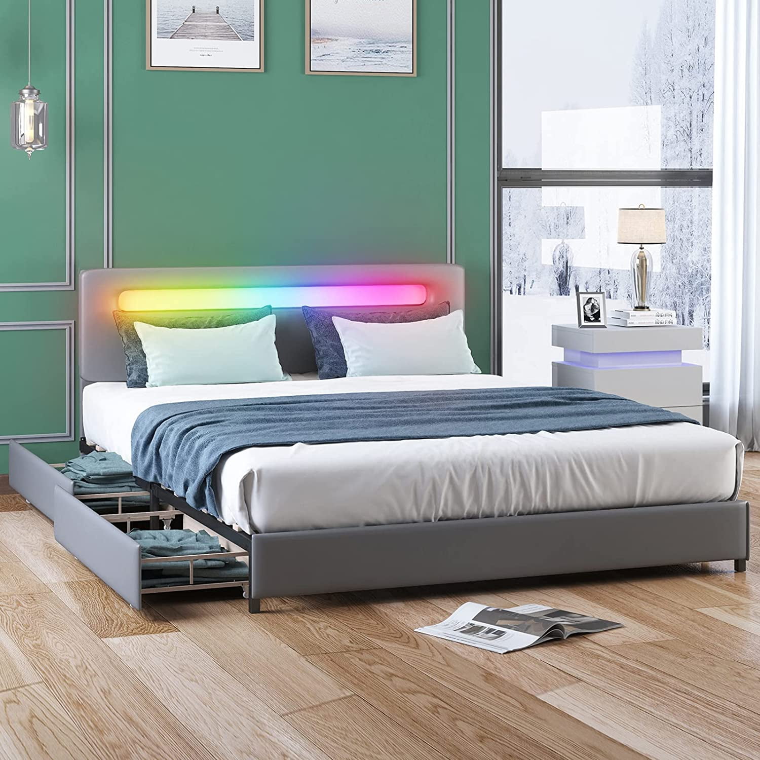 BALUS California King Bed Frame with 4 Drawers, RGB LED Platform Bed ...