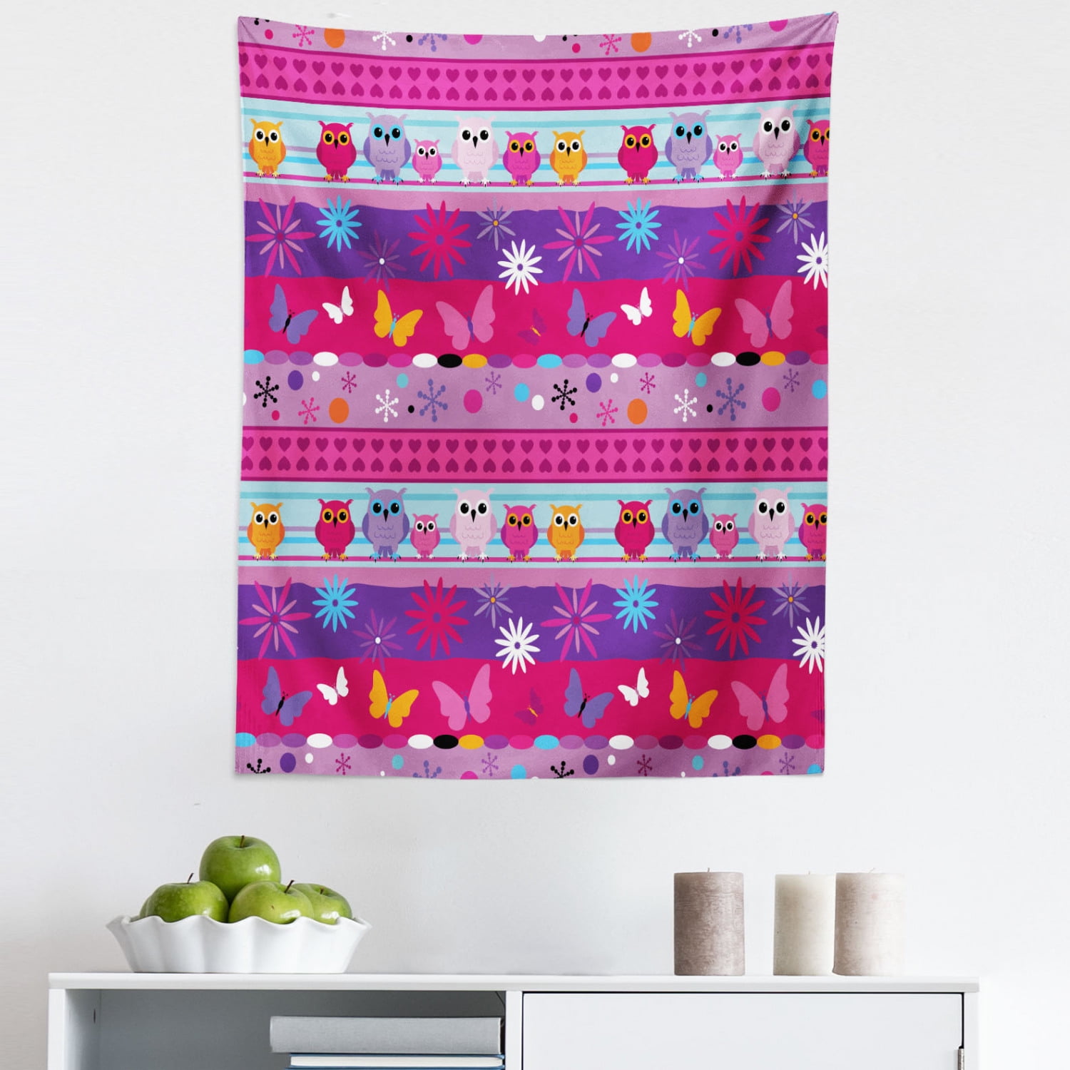 Owl Tapestry, Striped Cartoon Style Pattern with Owls Flowers ...