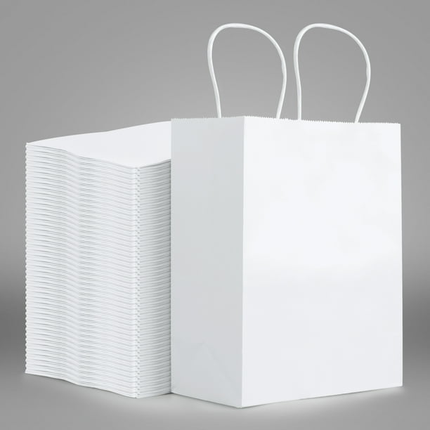 White Kraft Paper Bags with Handles Bulk - Packs in 100 Bags - Gift ...