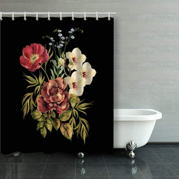 Artjia Elegant Bouquet Flowers Watercolor On Black Flower Shower