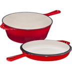 Bruntmor 2 in 1 Red cast iron Skillet with Lid, 5 Quarts enameled cast ...