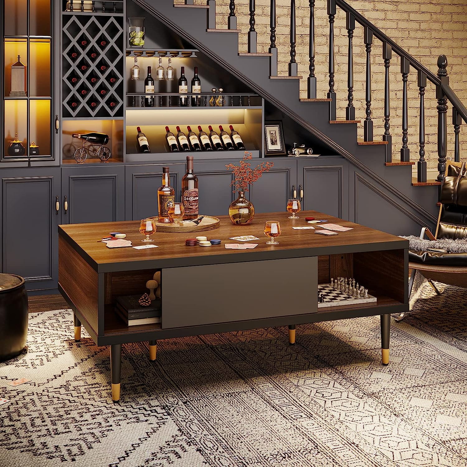 Bestier Mid Century Modern Coffee Table Center Table with Sliding Doors ...