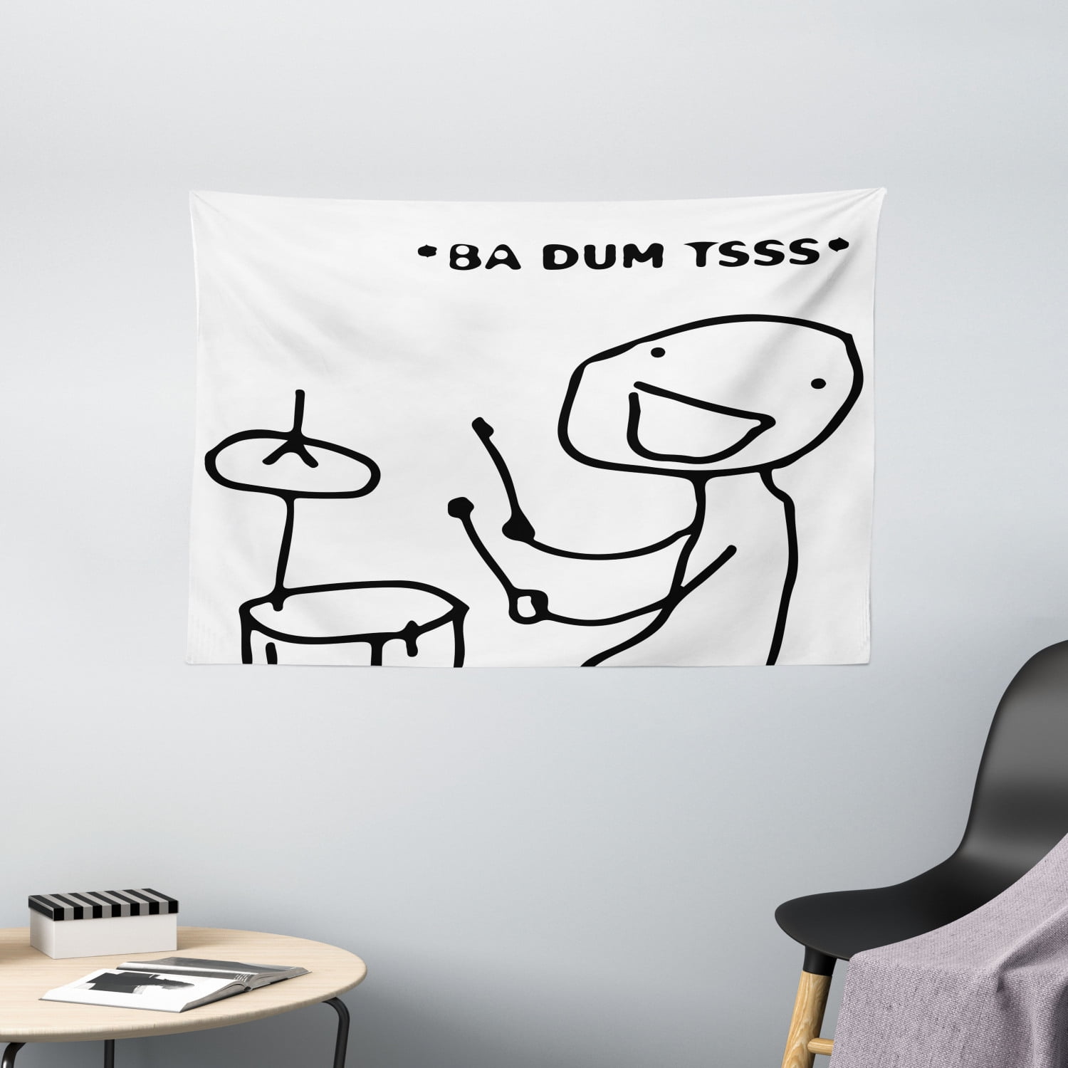 Humor Decor Tapestry, Musician Stickman Plays Drums Happy Instrument ...