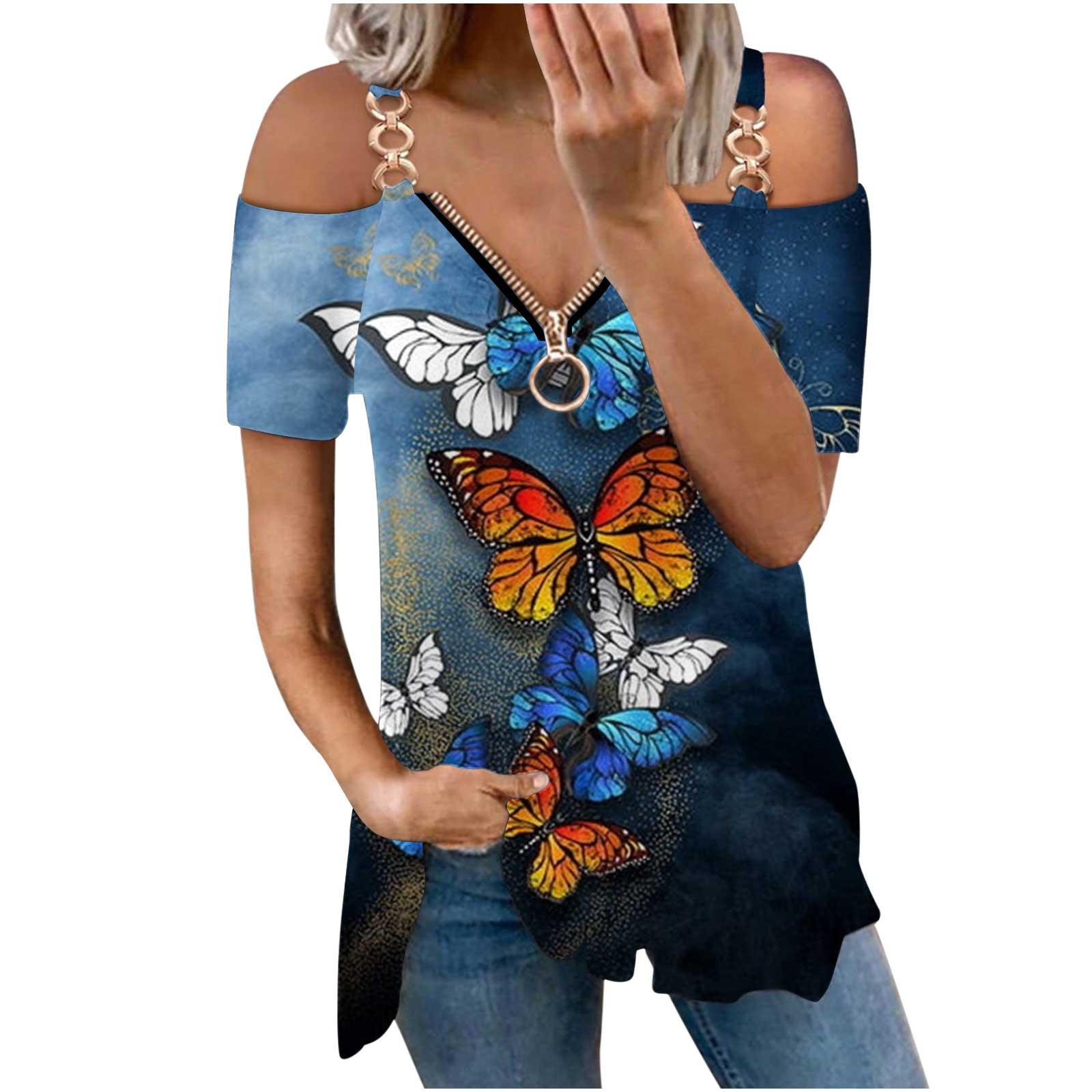 Hinvhai Women Summer Zipper V-Neck Short Sleeve Print Strapless T-Shirt ...