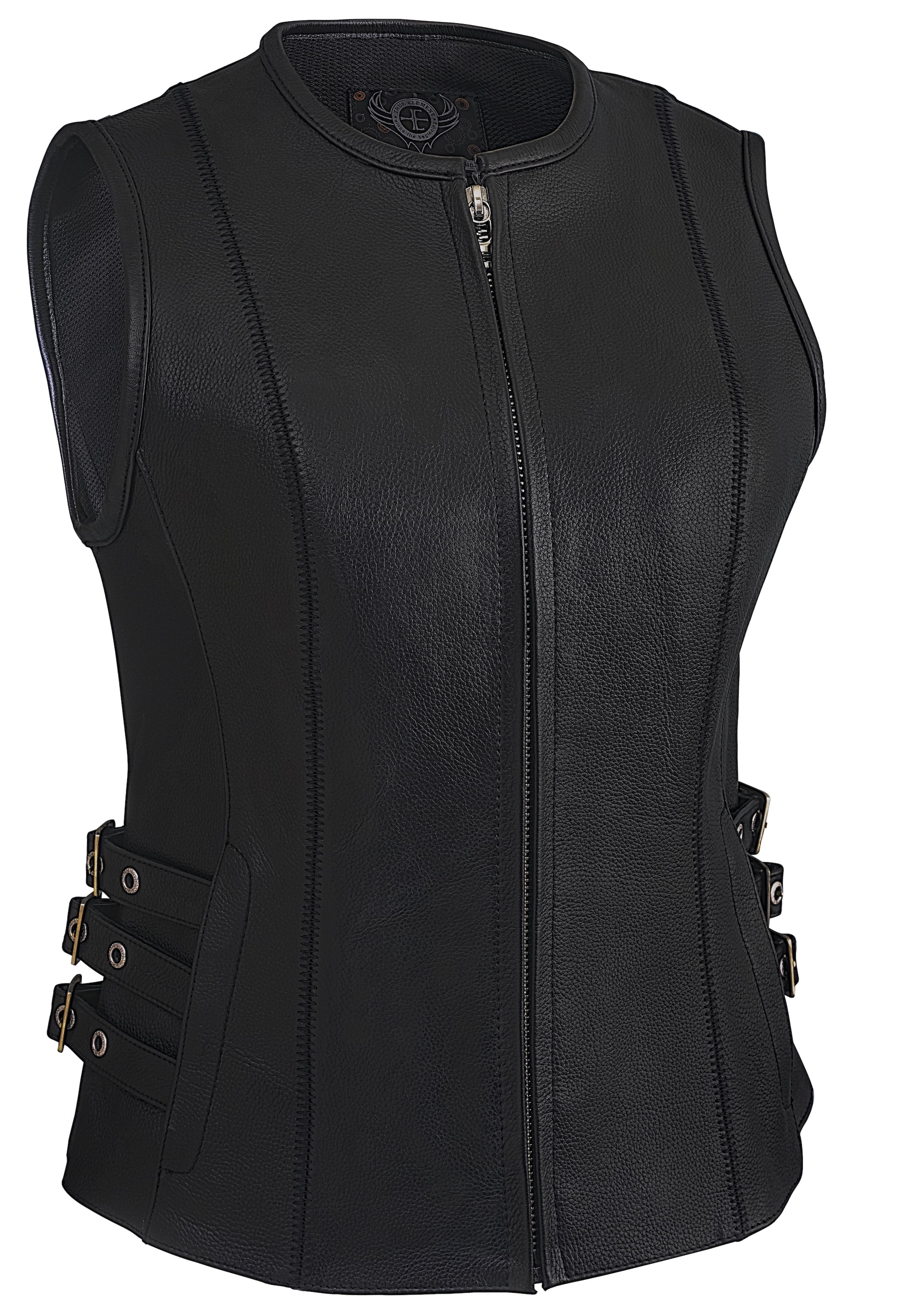 True Element Women's Side Buckled Zip Front Leather Vest (Black, Size L ...