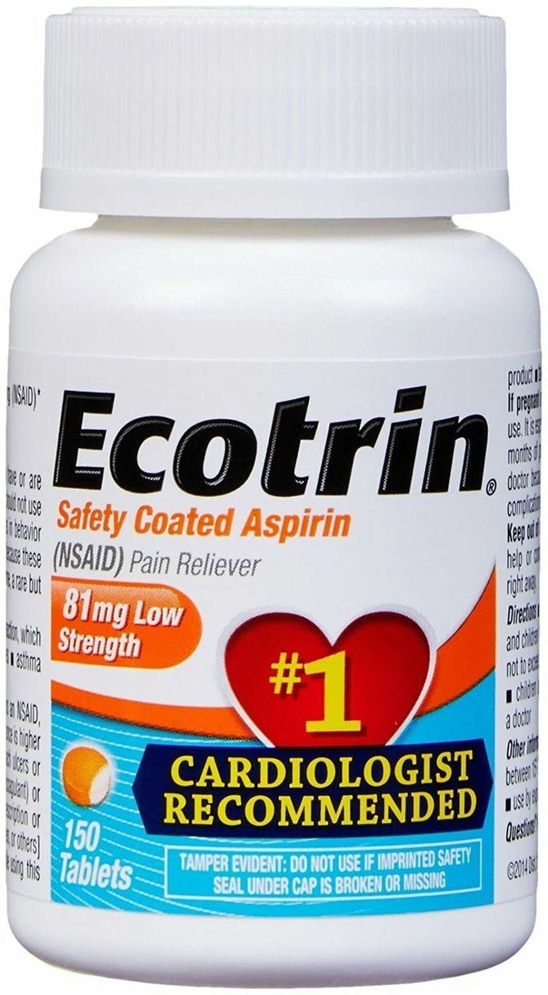 Ecotrin Safety Coated Aspirin Pain Reliever, Low Strength, 150 Tabs, 2 ...