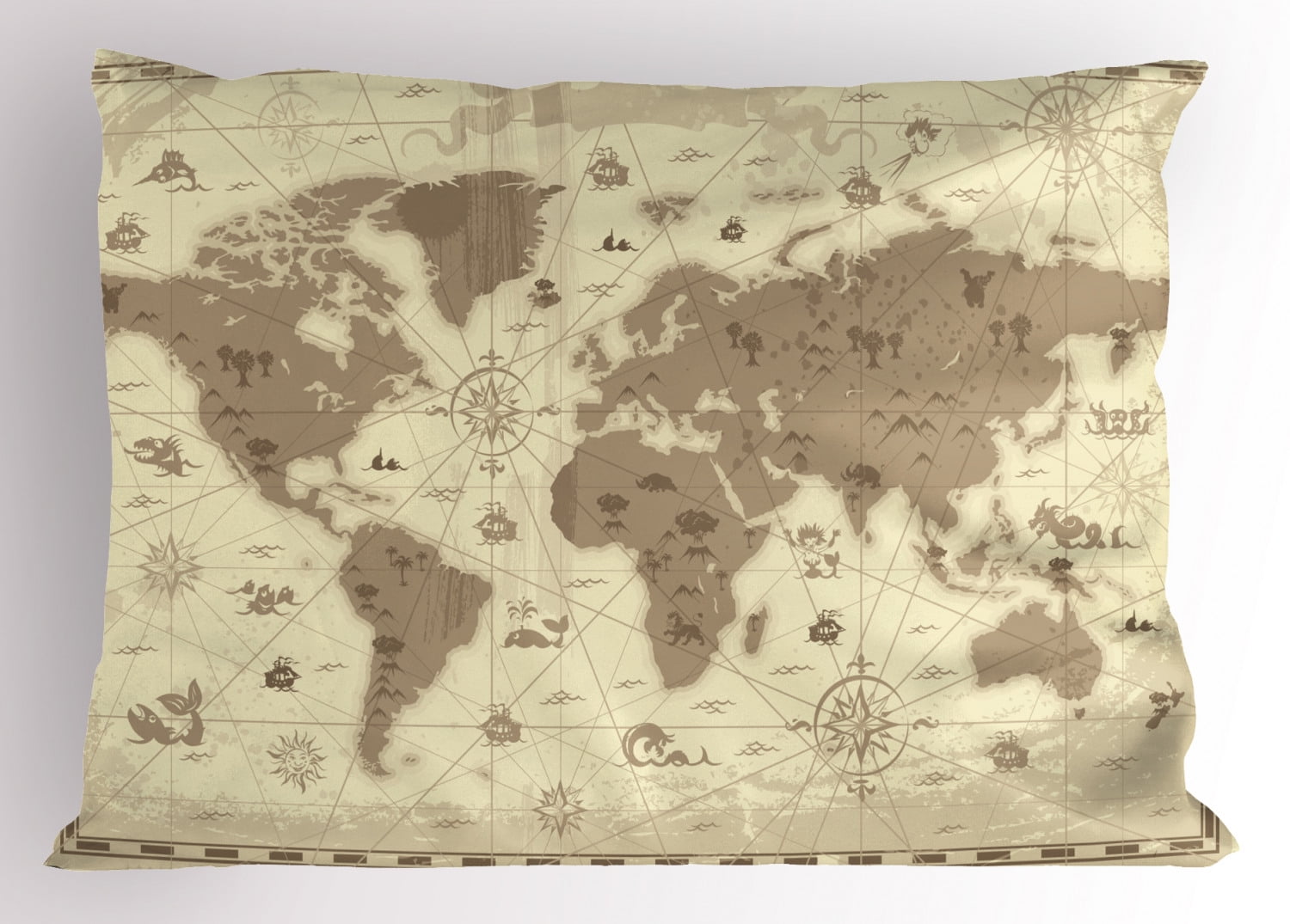 Map Pillow Sham Aged Retro Styled Map of the World with Mountains ...