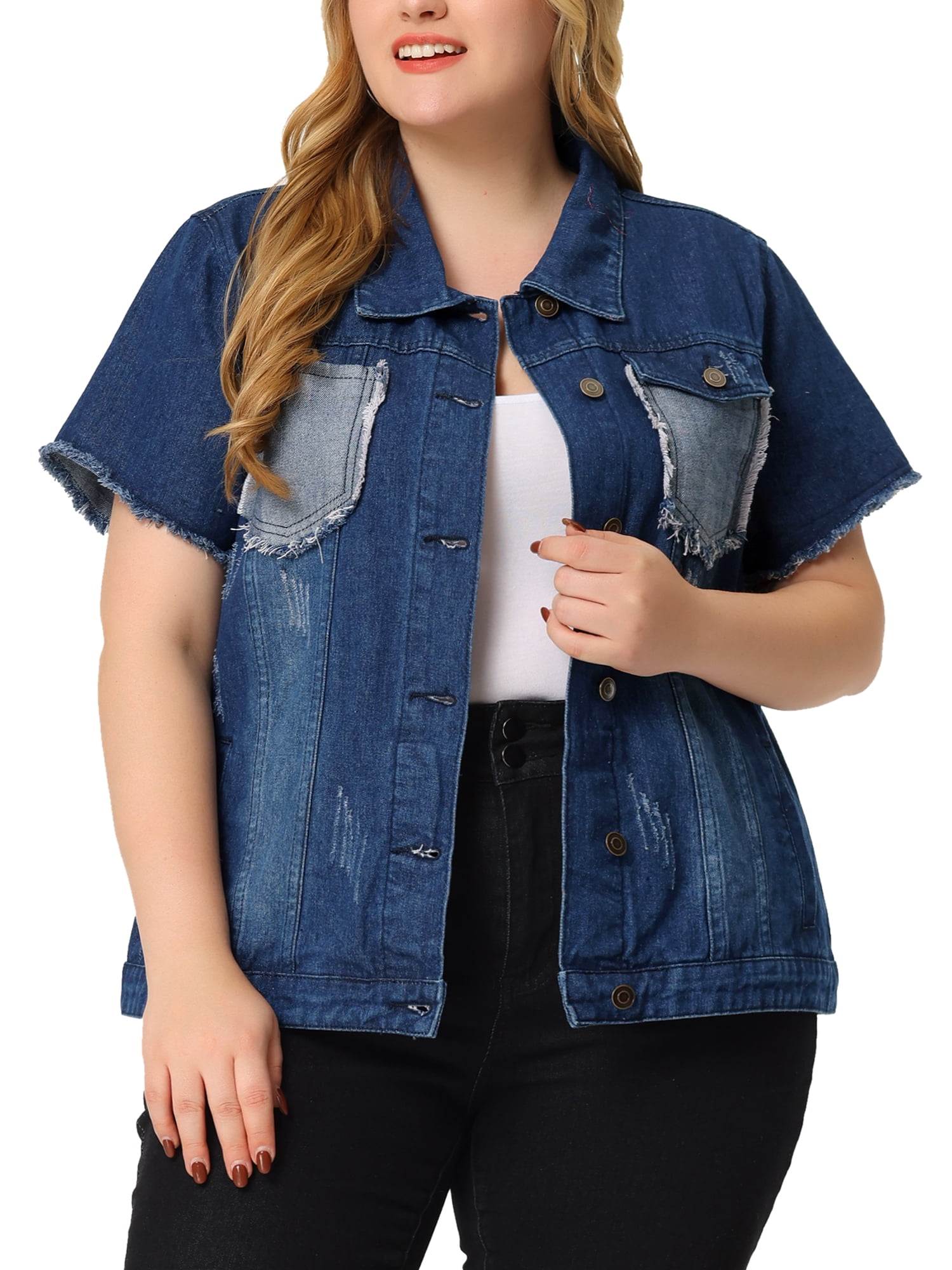 Agnes Orinda Women's Plus Size Distressed Short Sleeve Button Denim ...