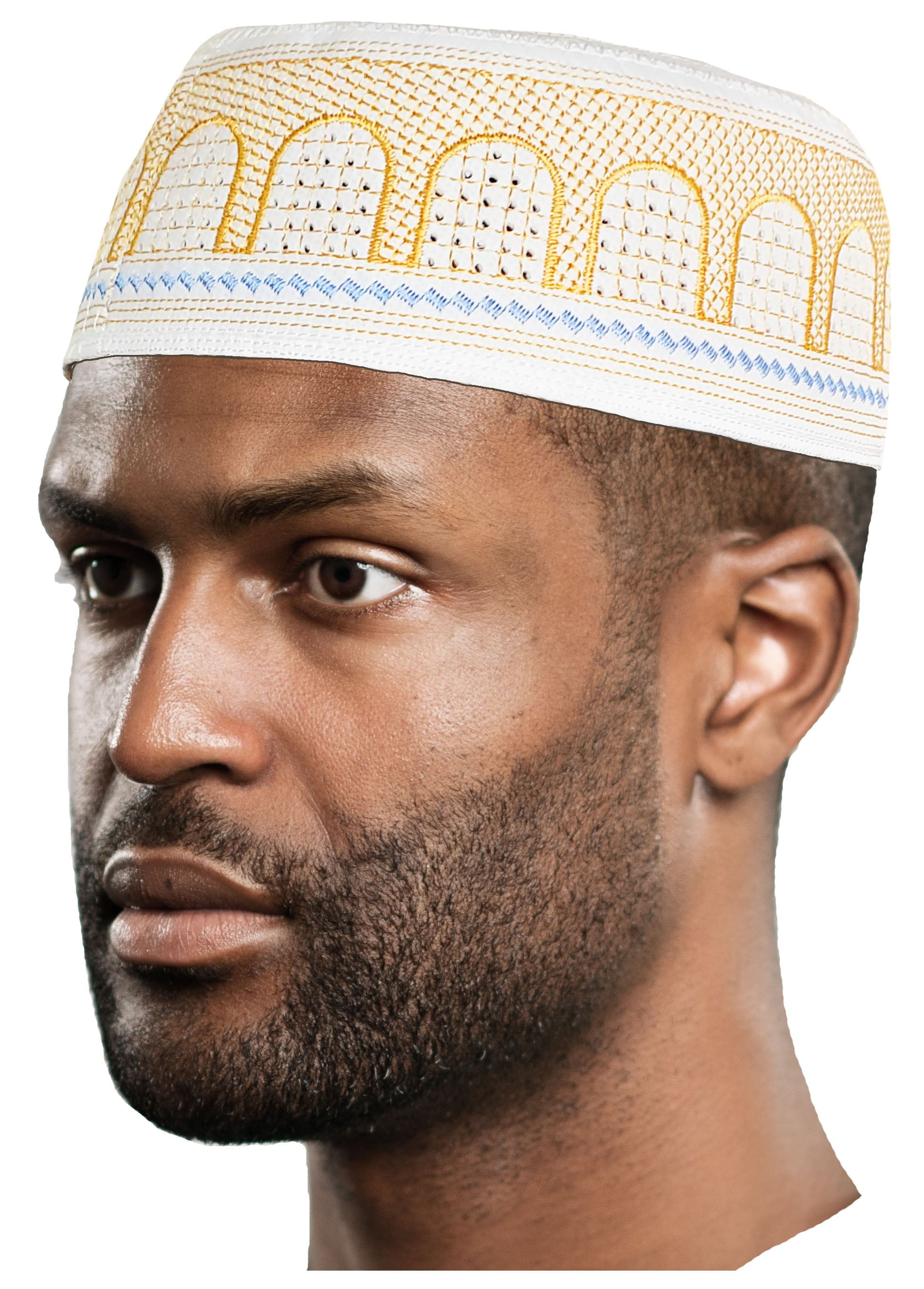White, Gold and Blue Kofia Hat African Embroidered Kufi Cap - Walmart.com