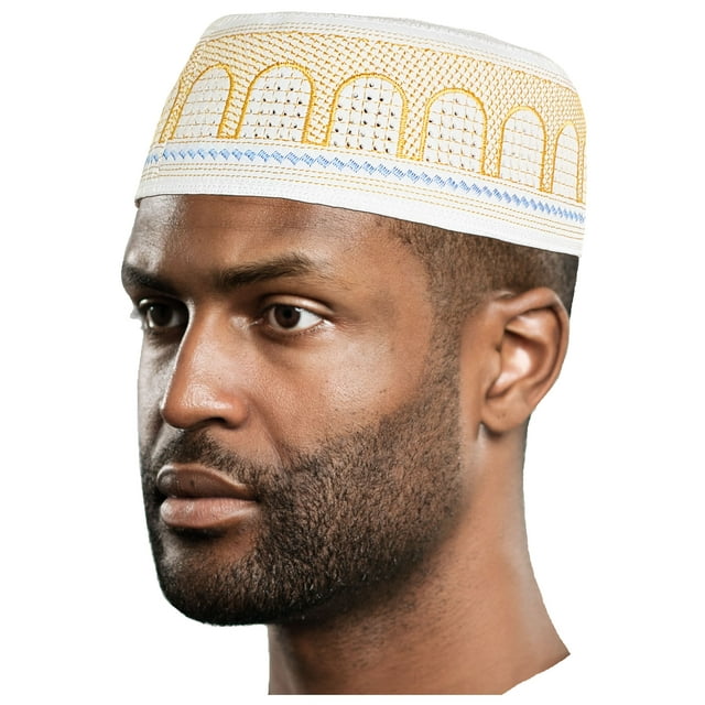White, Gold and Blue Kofia Hat African Embroidered Kufi Cap - Walmart.com