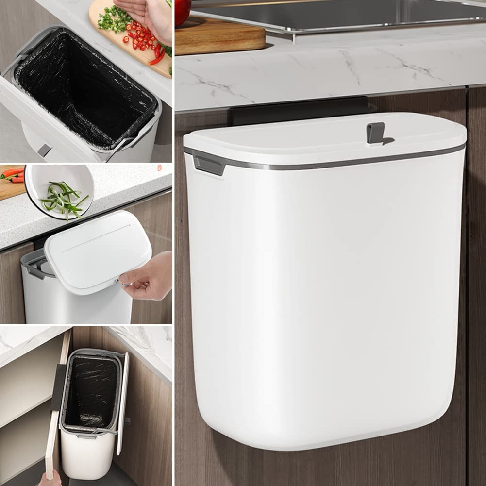 Hanging Trash Can with Lid, 2.4 Gallon Kitchen Compost Bin for Cabinet ...