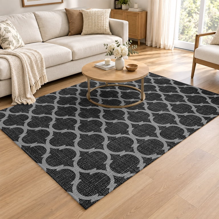 Area Rug 3x5ft Moroccan Black Geometric Lattice Low Pile Washable Rug ...