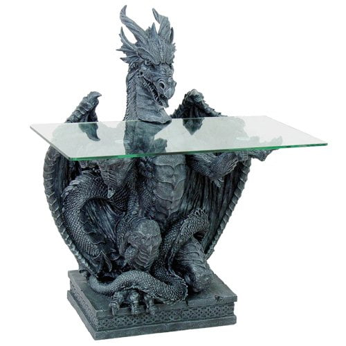 Dragon Sculptural Accent Entryway Table Greystone Finish Glass Top 33.5 ...