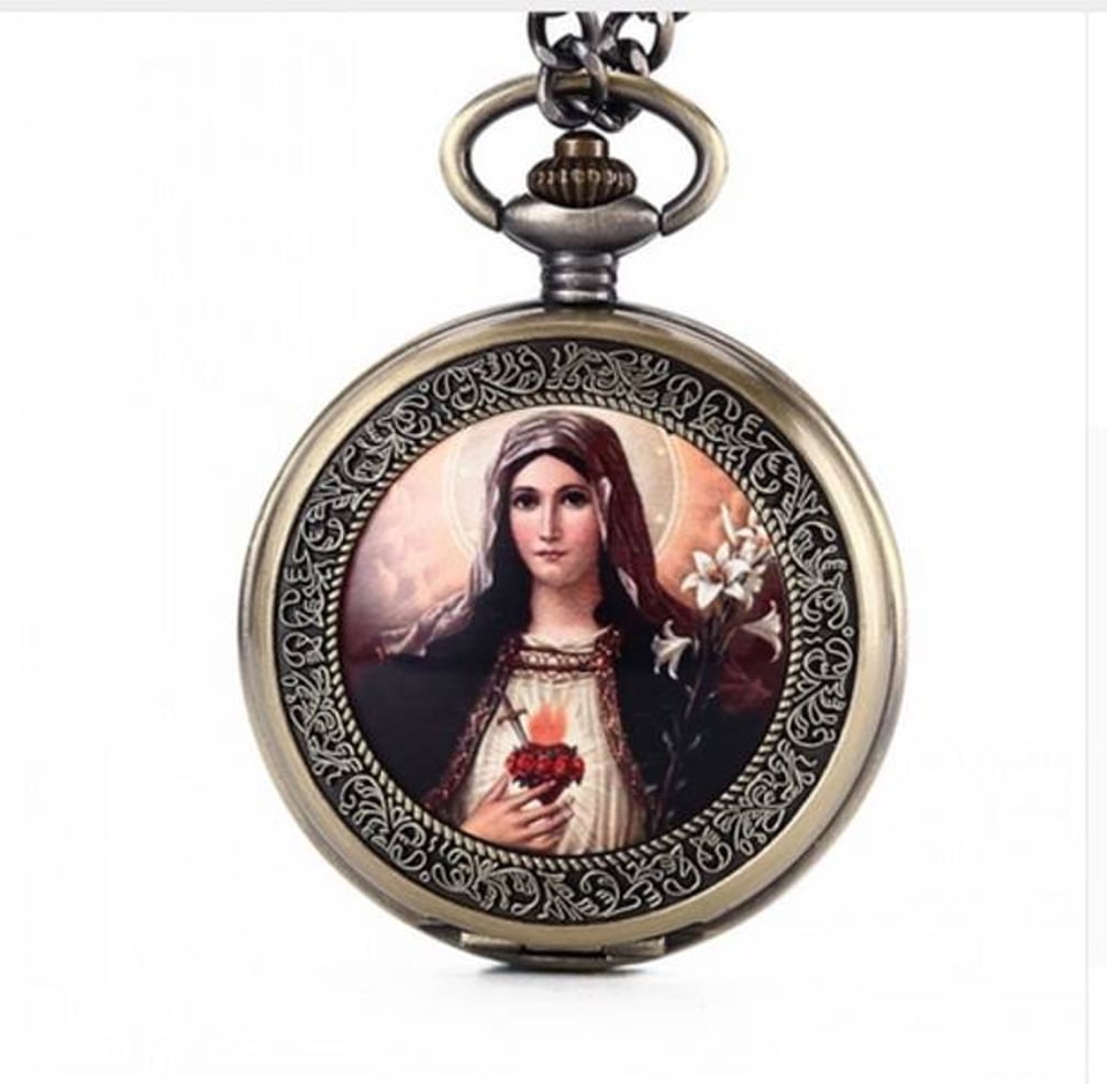 Mother Mary Open Heart Pocket Watch Quality Bronze Anti-Tarnish ...
