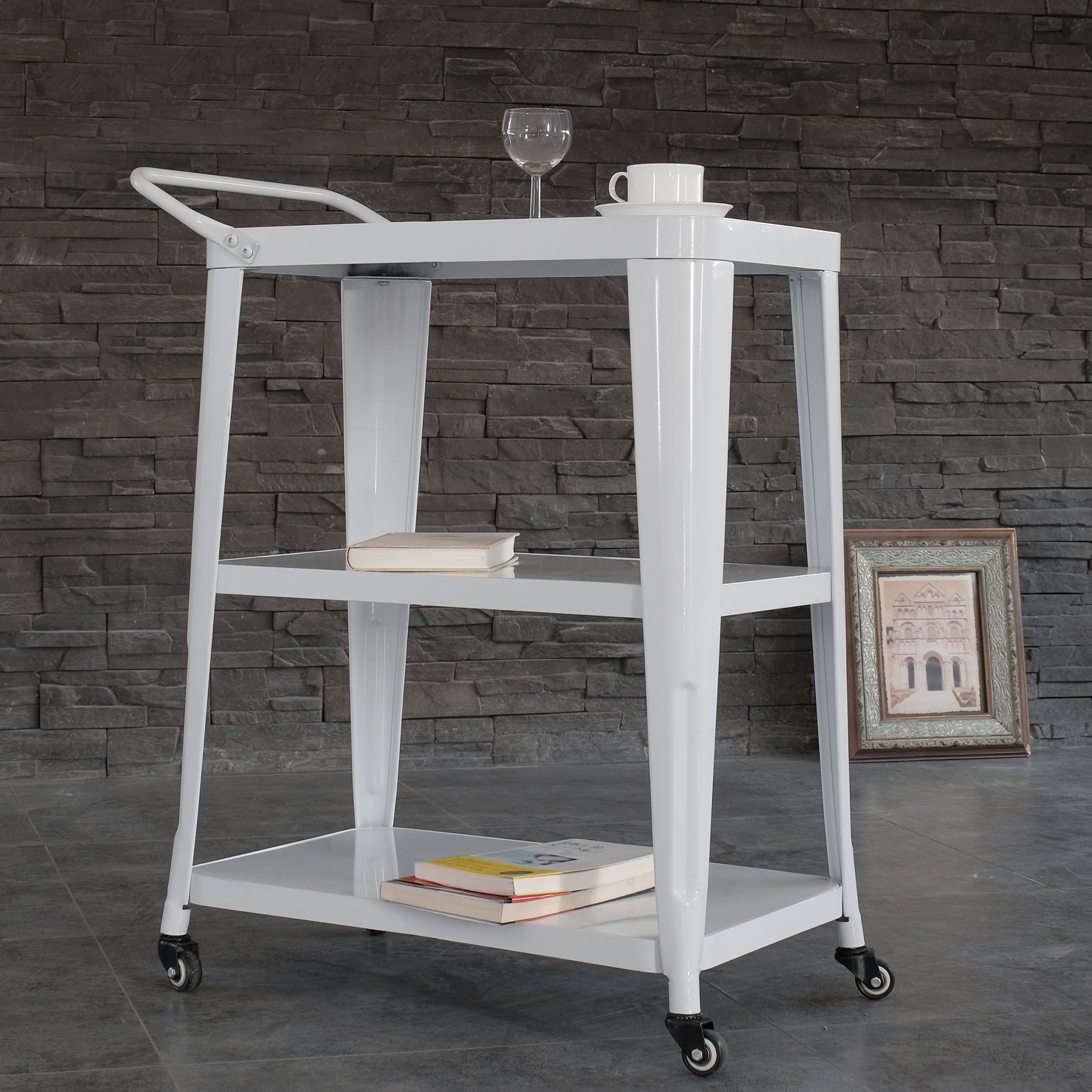 3-Tiered Metal Frame, Industrial Dining Cart with Swivel Wheels, White ...