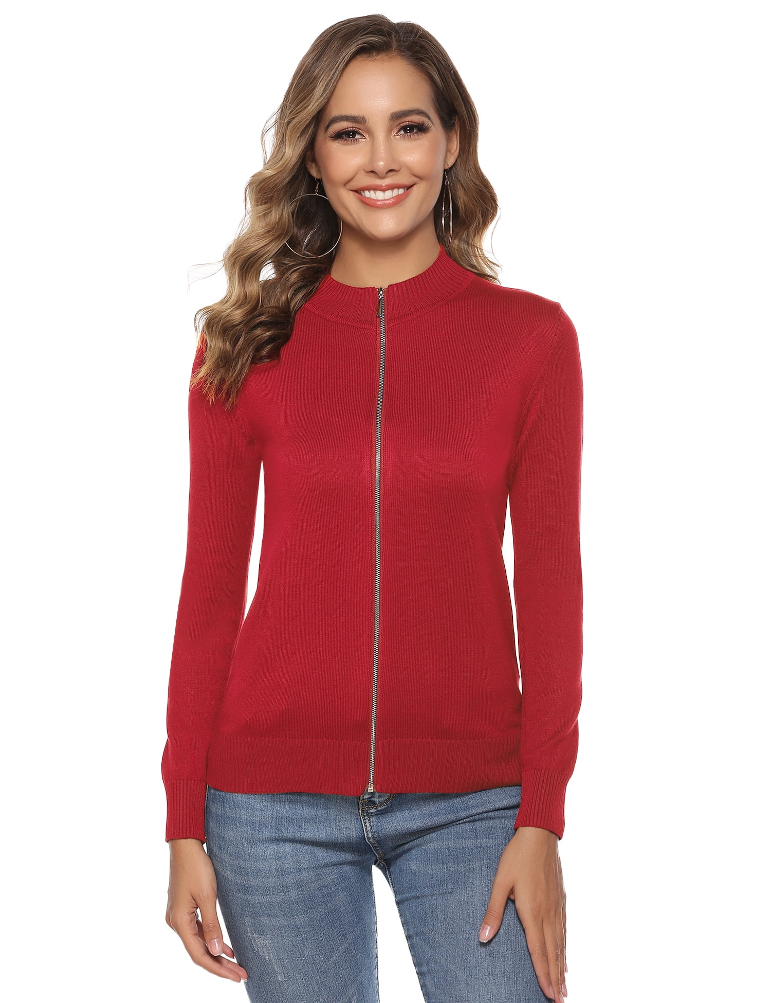 Aibrou Womens Zip Up Long Sleeve Open Front Knit Cardigan Sweater ...