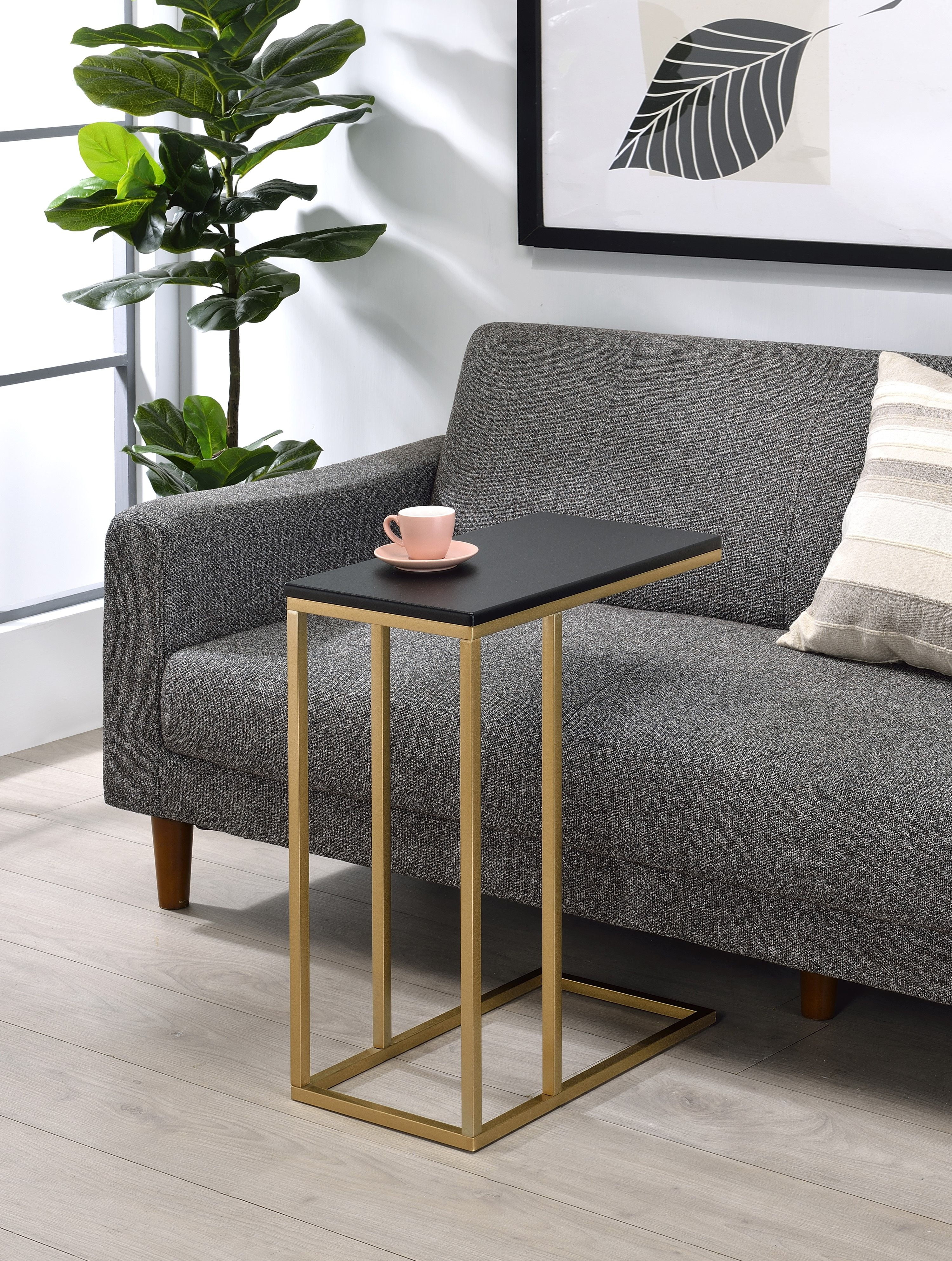 Fresnay C Shaped Modern Accent Sofa Side Table, Gold Metal & Black Wood ...
