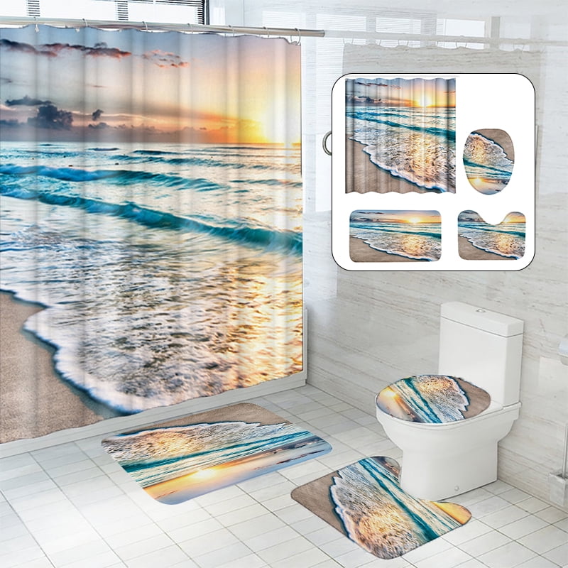 Beach Waves Shower Curtain And Rug Sets Bathroom Decor Set Waterproof