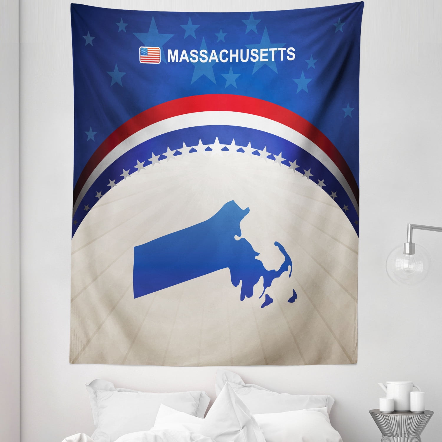 Massachusetts Tapestry, Map Silhouette with Stars and Stripes Patriotic ...