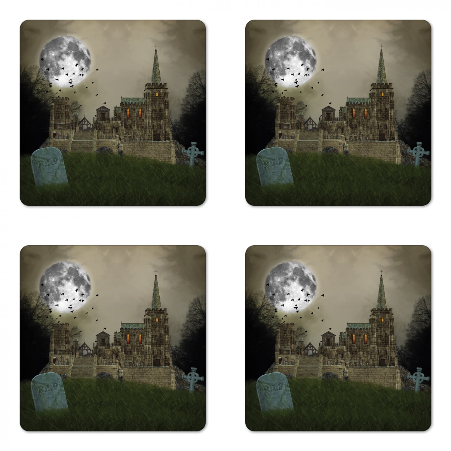 Gothic Coaster Set of 4, Old Village and Graves with Medieval Castle ...
