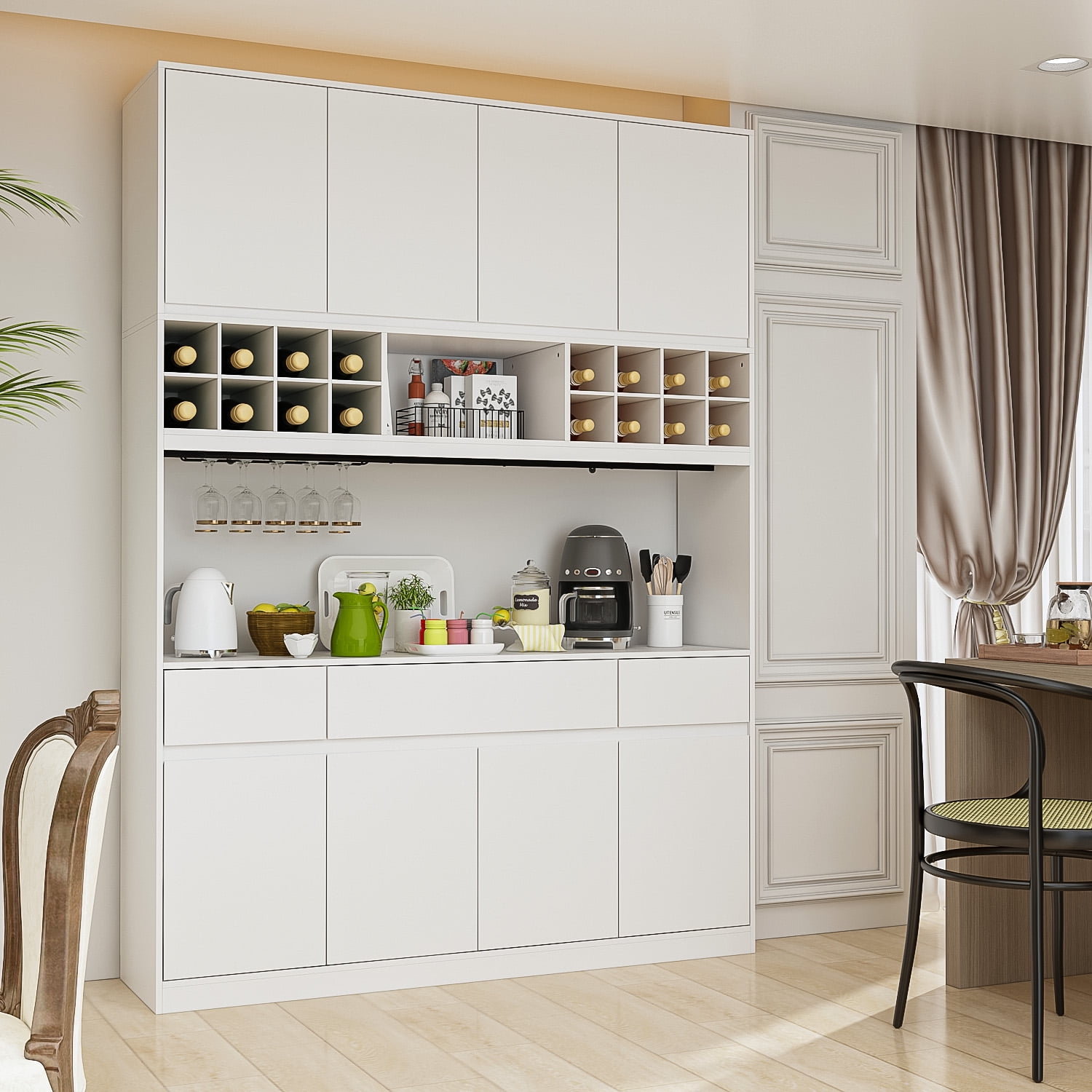 FUFU&GAGA Kitchen Pantry Cabinet with 16 Grid Wine Racks and Stemware ...