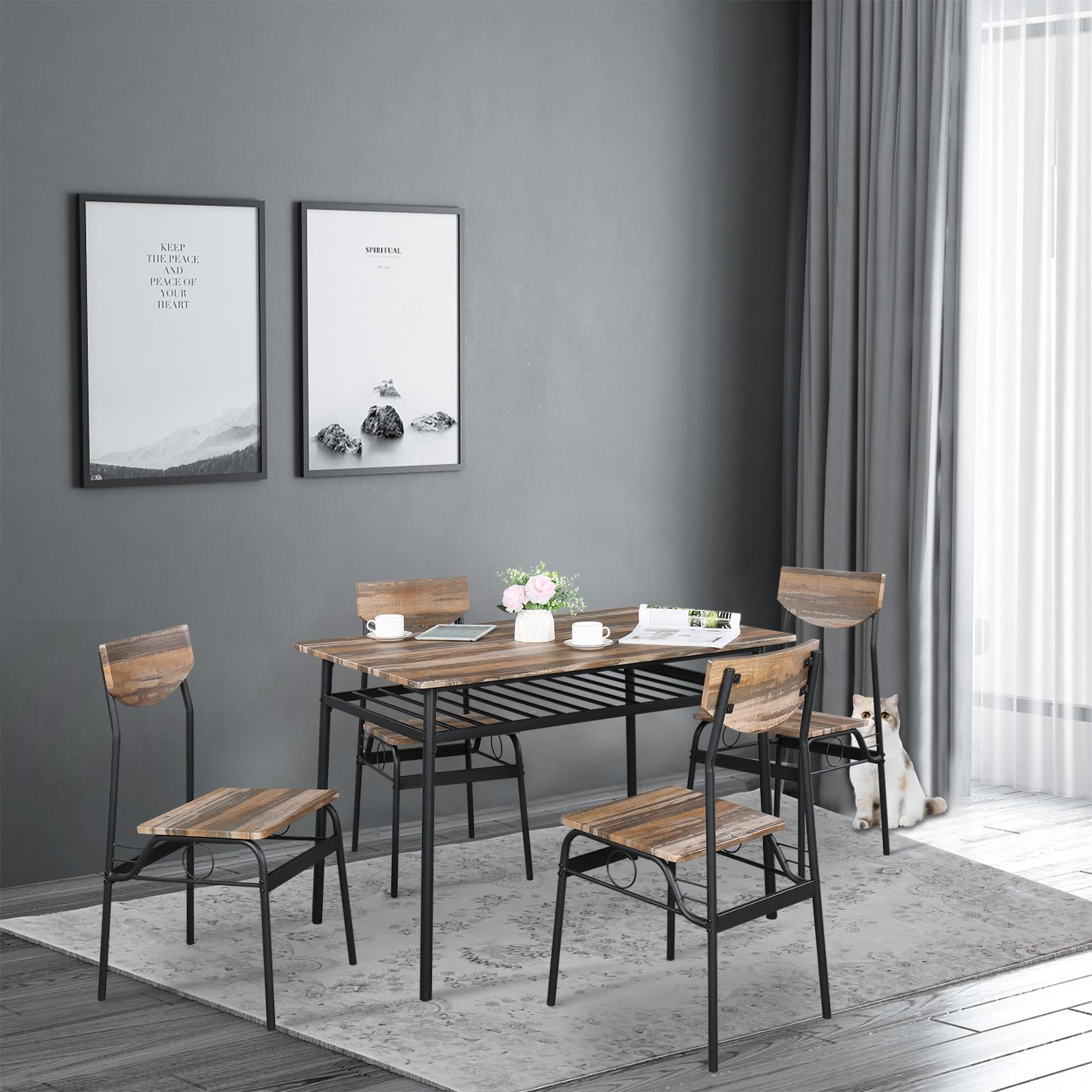 Zimtown Dining Room Set for 4, Table and Chair Set, Wood and Metal ...