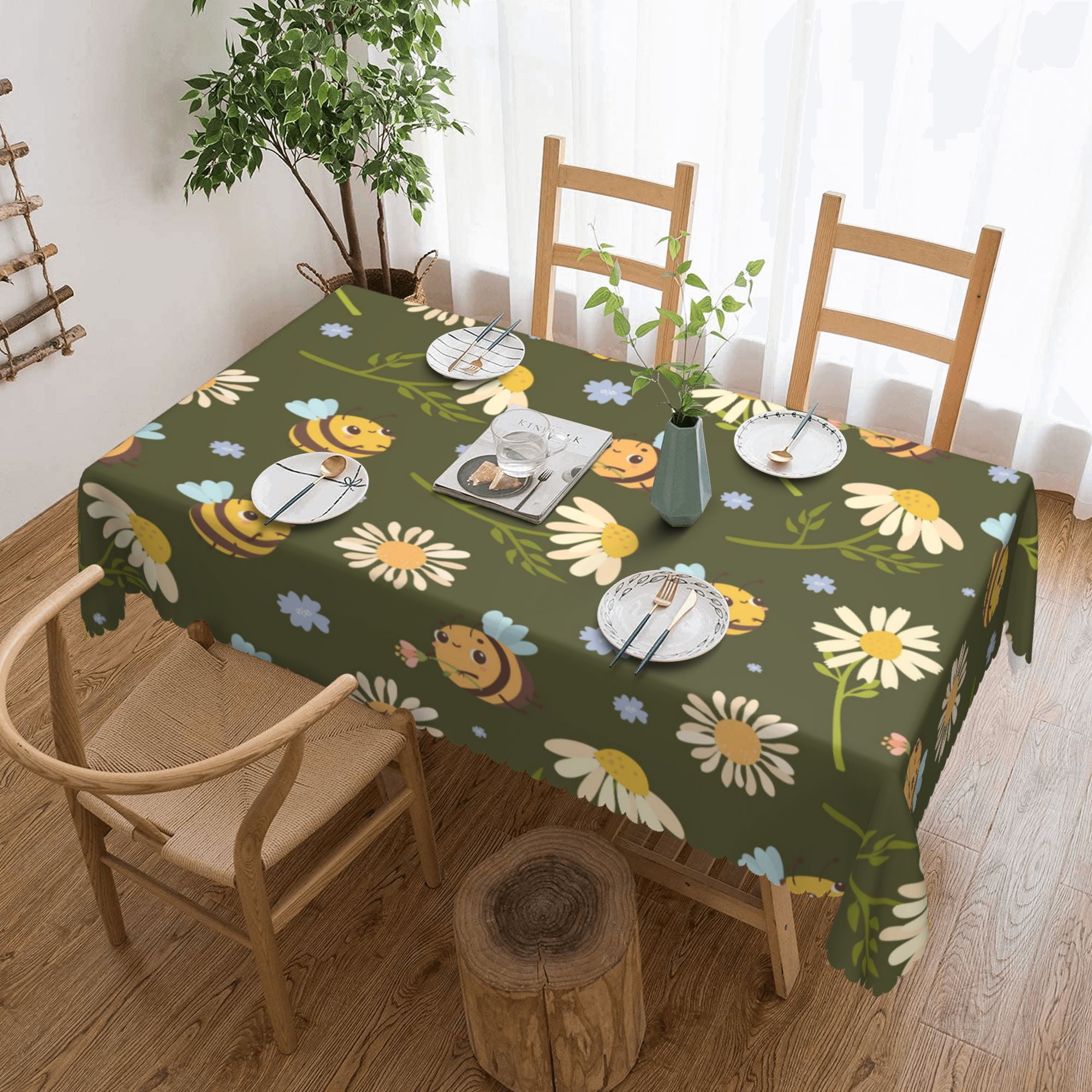 XMXY Table Cloth Rectangle Table, Green Daisies Bees Dining Table Cover ...