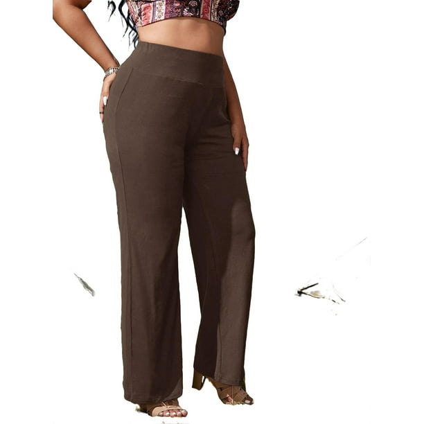 Casual Solid Wide Leg Chocolate Brown Plus Size Pants (Women's ...