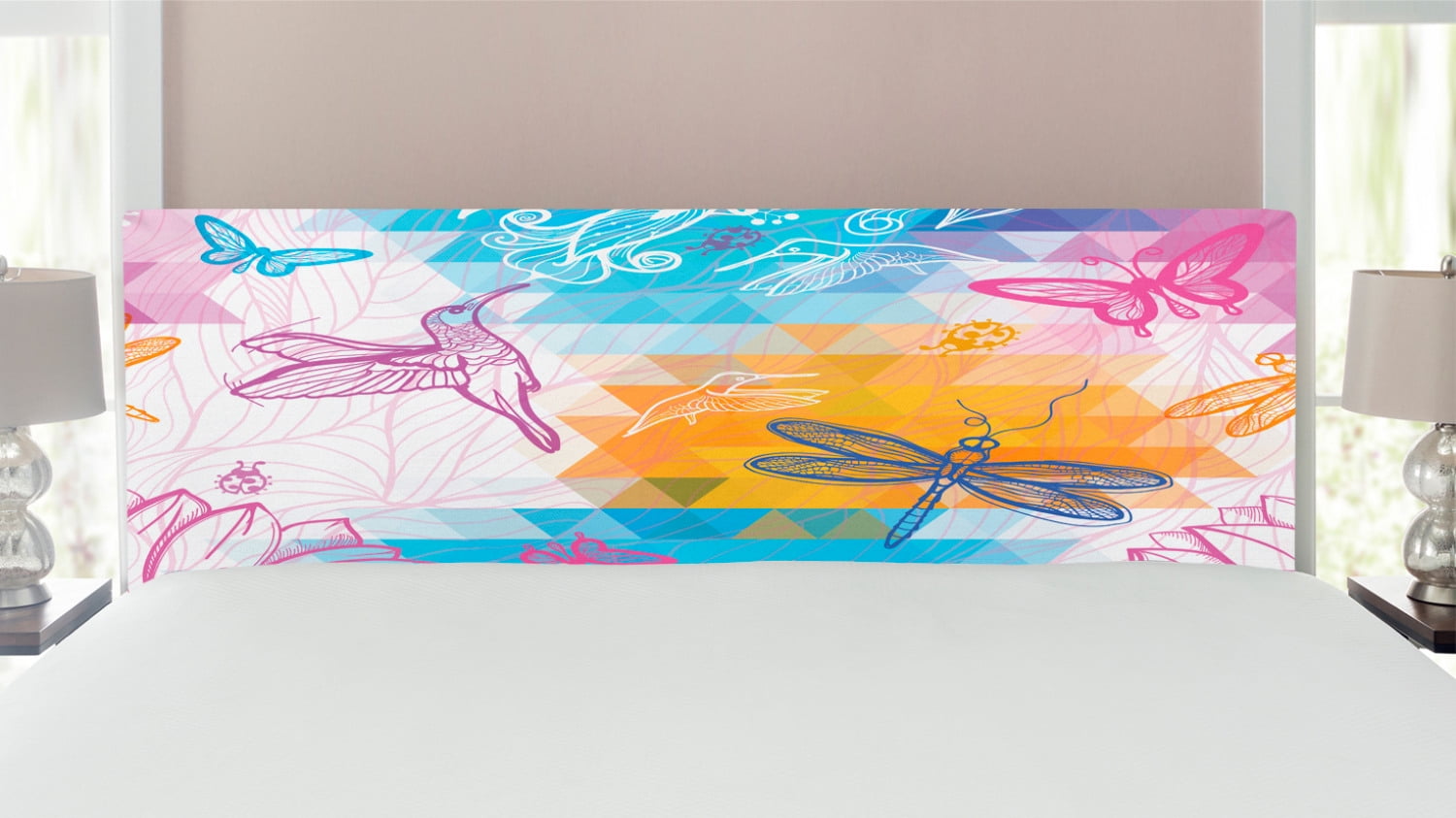 Dragonfly Headboard, Beetle Dragonfly Bird Shapes over Geometrical ...