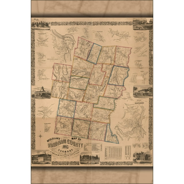 24"x36" Gallery Poster, map of Windham County, Vermont 1856 - Walmart.com