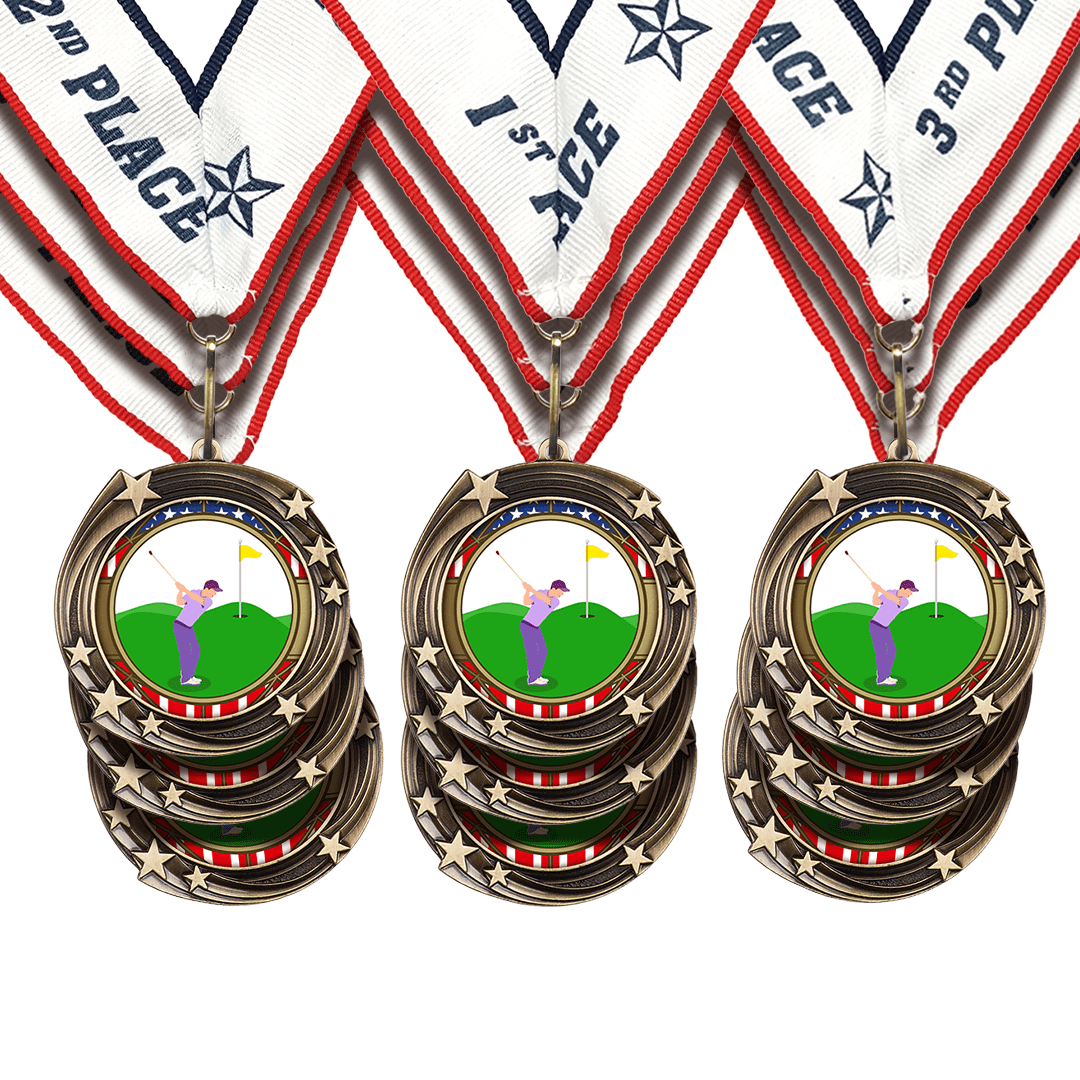 All Quality Golf Swirling Stars Design Medals - 1st, 2nd, 3rd Place - 3 ...