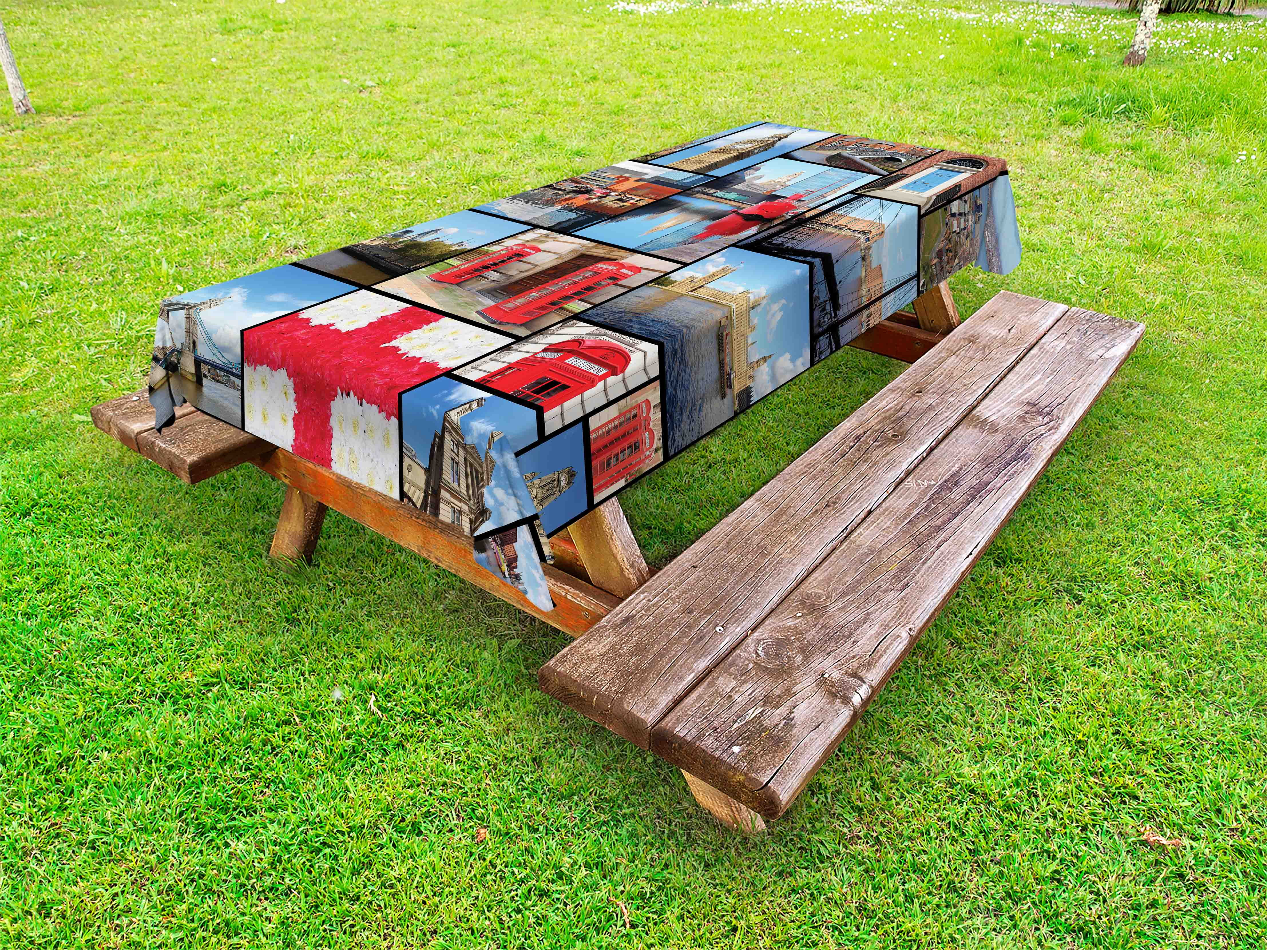 England Outdoor Tablecloth, England City Red Telephone Booth Clock ...
