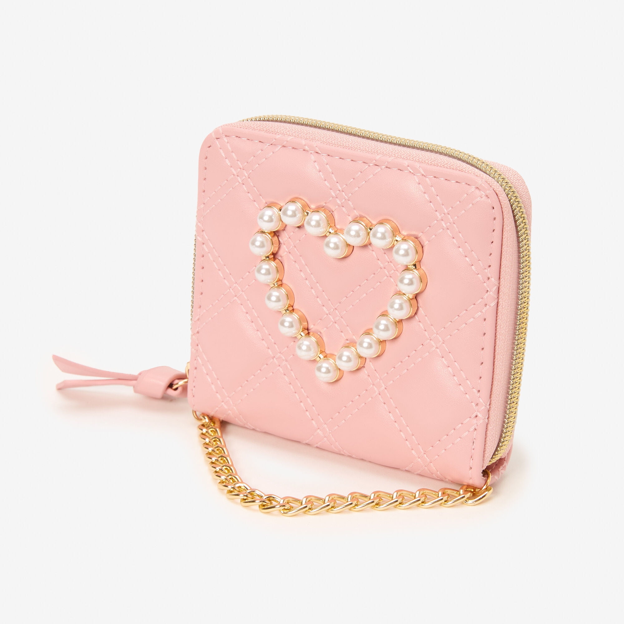 Claire's Tween Girls' Pearl Heart Quilted Mini Zip Wallet, Pink, 58100 ...