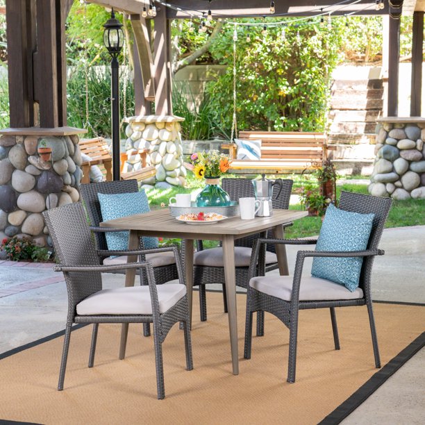 Aden Outdoor 5 Piece Acacia Wood and Wicker Dining Set with Cushions ...